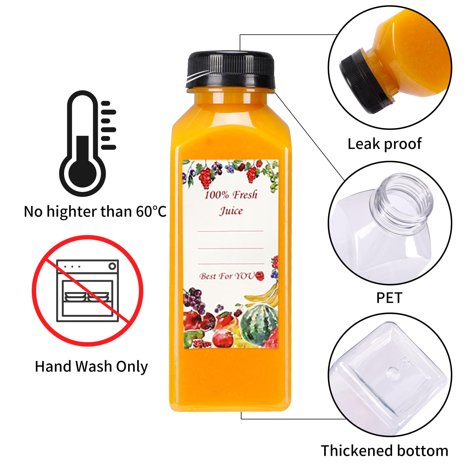 SUPERLELE 20pcs 12oz Empty Plastic Juice Bottles with Caps, Reusable Water Bottles, Clear Bulk Drink Containers with Black Tamper Evident Lids for Juicing, Smoothie, Drinking and Other Beverages
