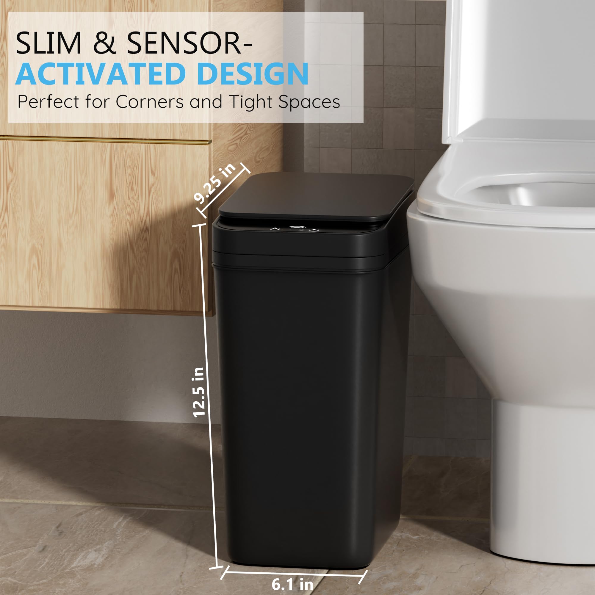 jinligogo Bathroom Trash Can Touchless, 2.5 Gallon Motion Sensor Smart Trash can with Automatic Lid, Waterproof Slim Plastic Narrow Bedroom Garbage Bin for Kitchen, Office, Living Room, RV - Black