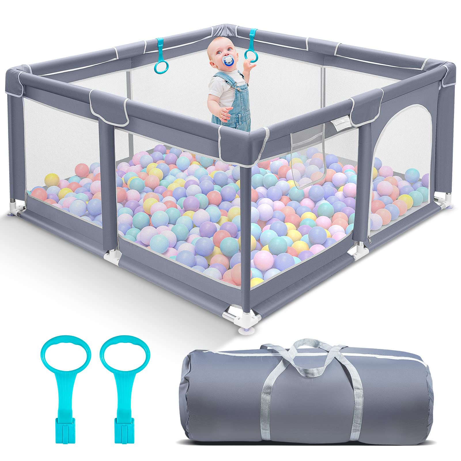 Suposeu Baby Playpen, Baby Playpen for Toddler, Baby Playard Indoor & Outdoor Kids Activity Center with Anti-Slip Base, Safety Play Yard with Soft Breathable Mesh, Kid's Fence, Grey