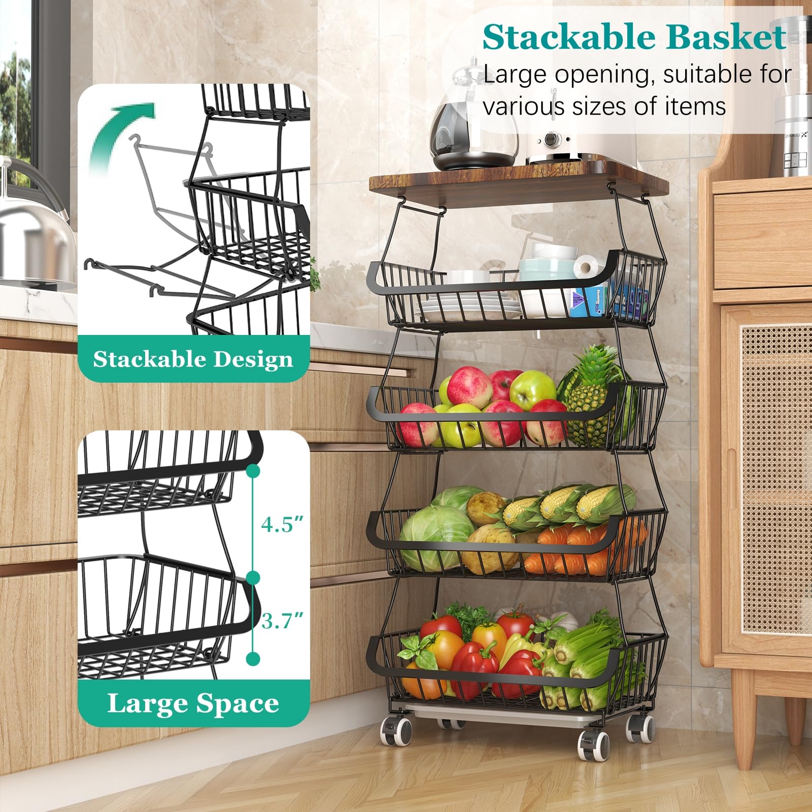 CHLORYARD Fruit Basket with Wooden Lid for Kitchen, 5-Tier Stackable Wire Fruit Vegetable Storage Basket Organizer Stand on Wheel, Produce Basket Potato Onion Storage Bins Rack Cart for Pantry