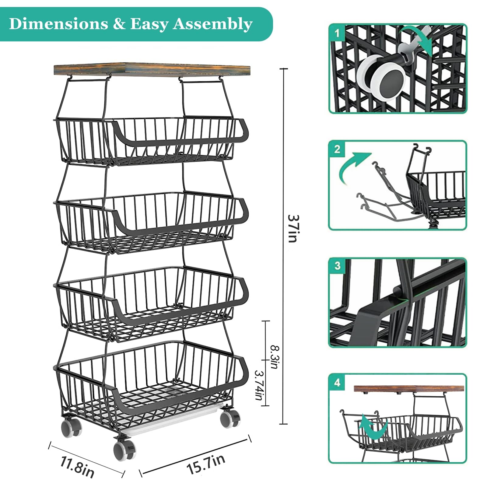 CHLORYARD Fruit Basket with Wooden Lid for Kitchen, 5-Tier Stackable Wire Fruit Vegetable Storage Basket Organizer Stand on Wheel, Produce Basket Potato Onion Storage Bins Rack Cart for Pantry
