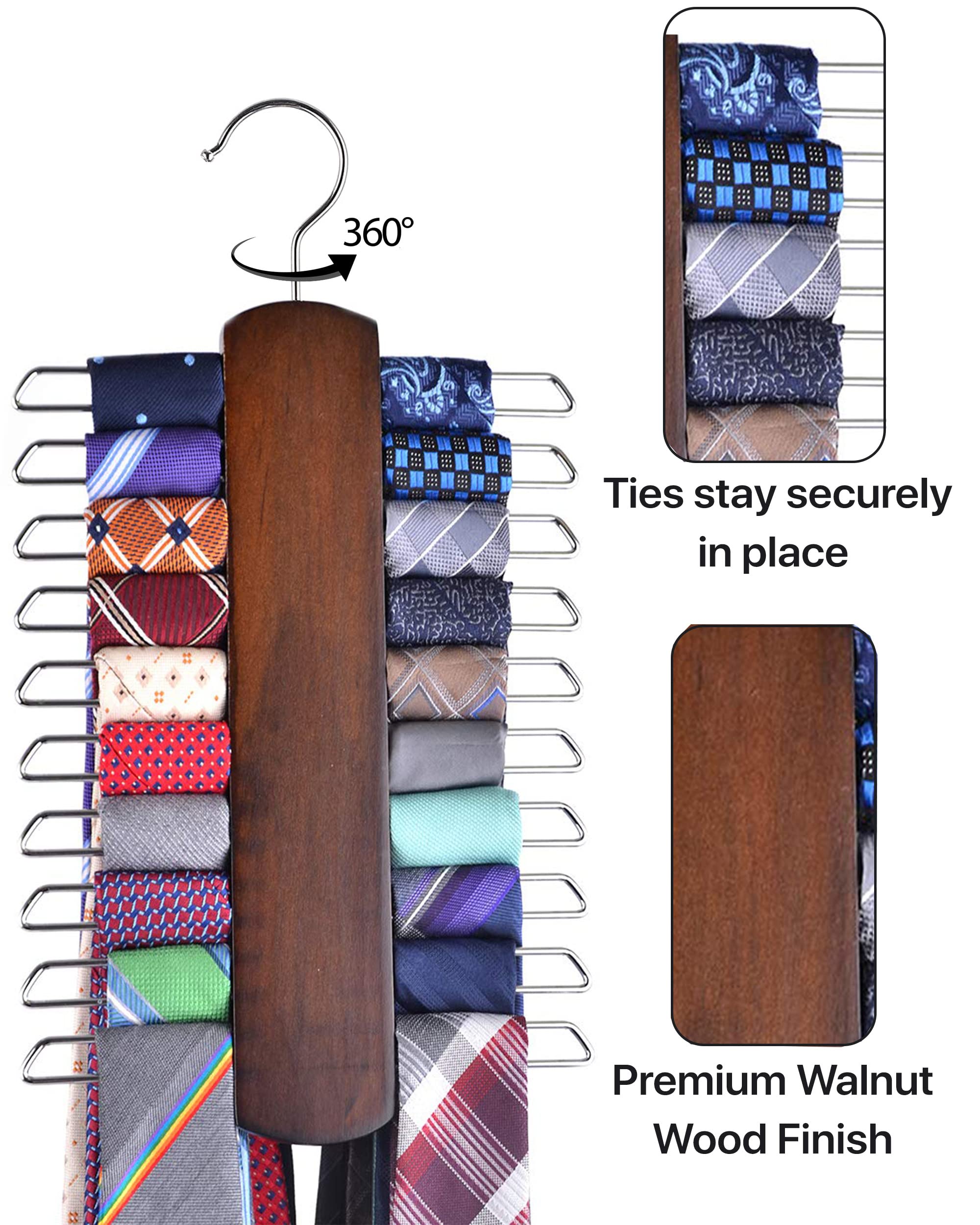 Umo Lorenzo Premium Wooden Necktie and Belt Hanger, Walnut Wood Center Organizer and Storage Rack with a Non-Slip Finish - 20 Hooks (Wooden)