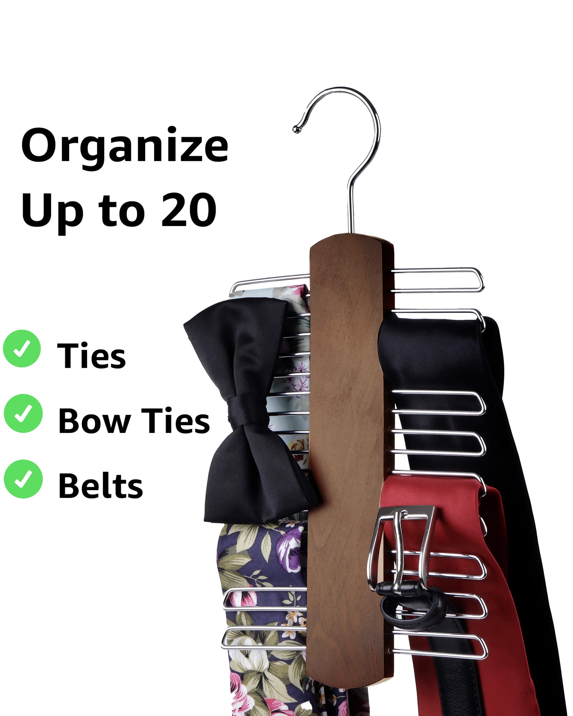 Umo Lorenzo Premium Wooden Necktie and Belt Hanger, Walnut Wood Center Organizer and Storage Rack with a Non-Slip Finish - 20 Hooks (Wooden)