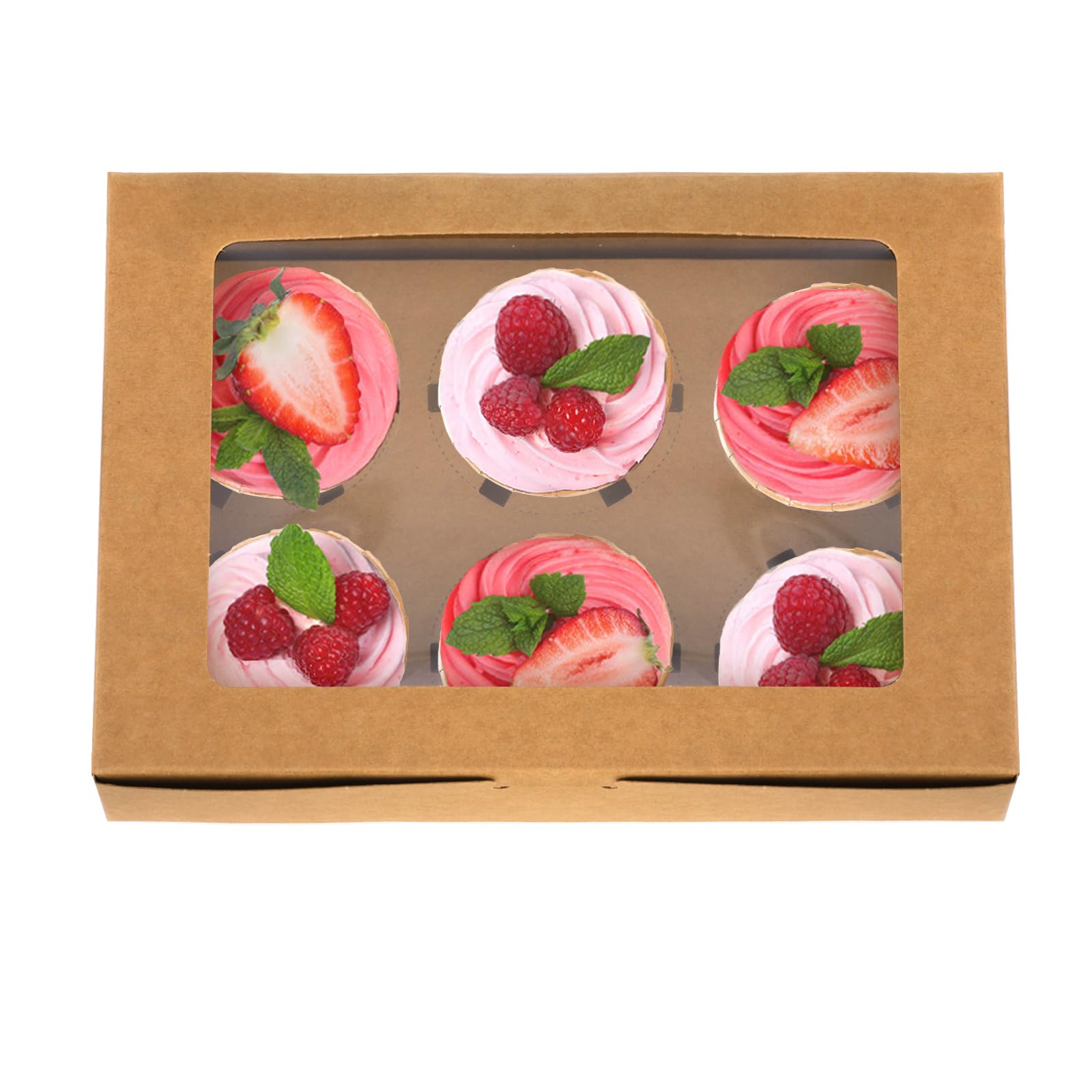 Jucoan 50 Pack Kraft Cupcake Box with Insert and Window Hold 6 Standard Cupcake, Food Grade Cupcake Carrier Container, Brown Bakery Box for Pastry, Cookies, Small Cake, Desserts Treat.