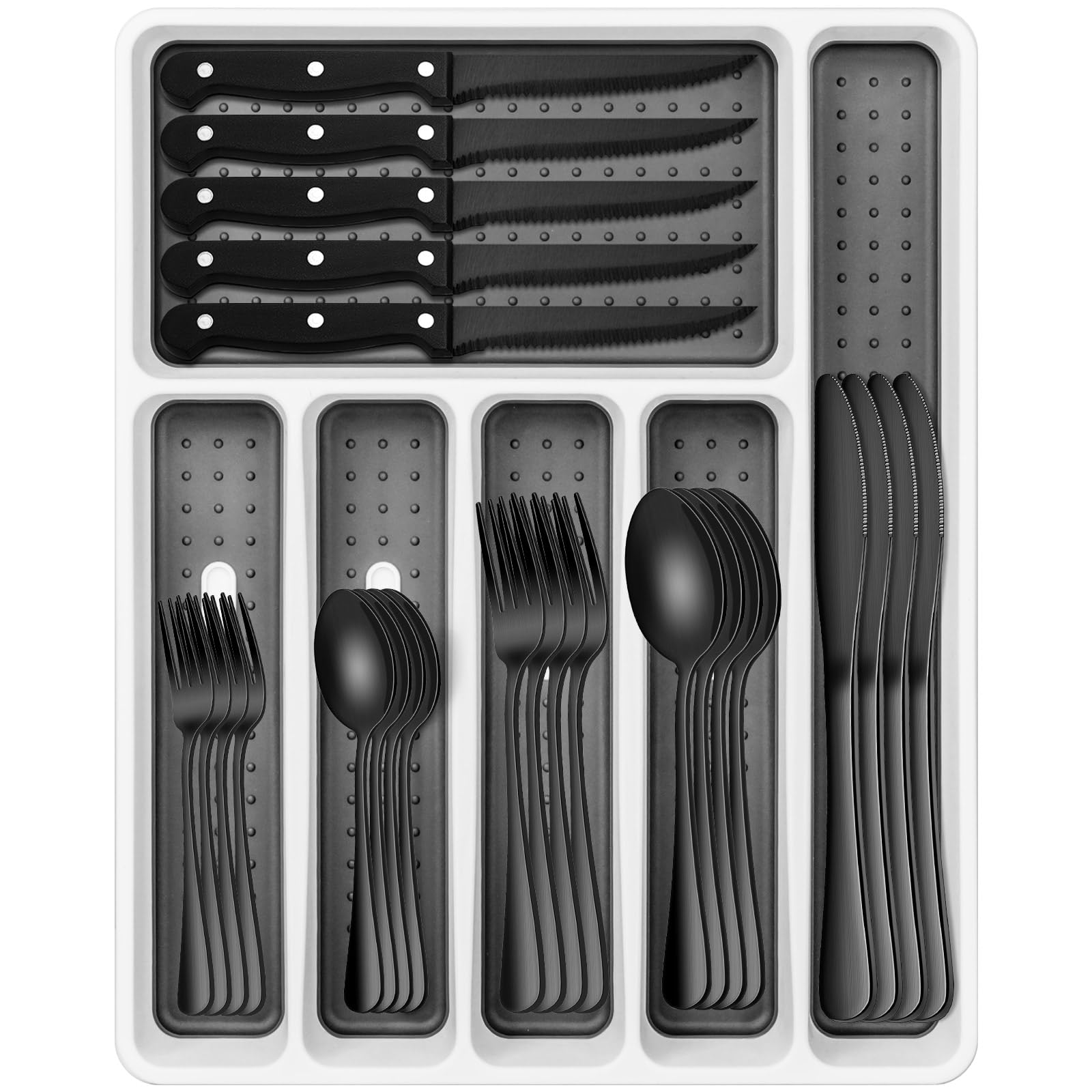 Black Silverware Set, Umite Chef 49-Piece Flatware Set with Drawer Organizer, Durable Stainless Steel Cutlery Set for 8, Tableware Eating Utensils with Steak Knives, Utensil Sets for Home Restaurant