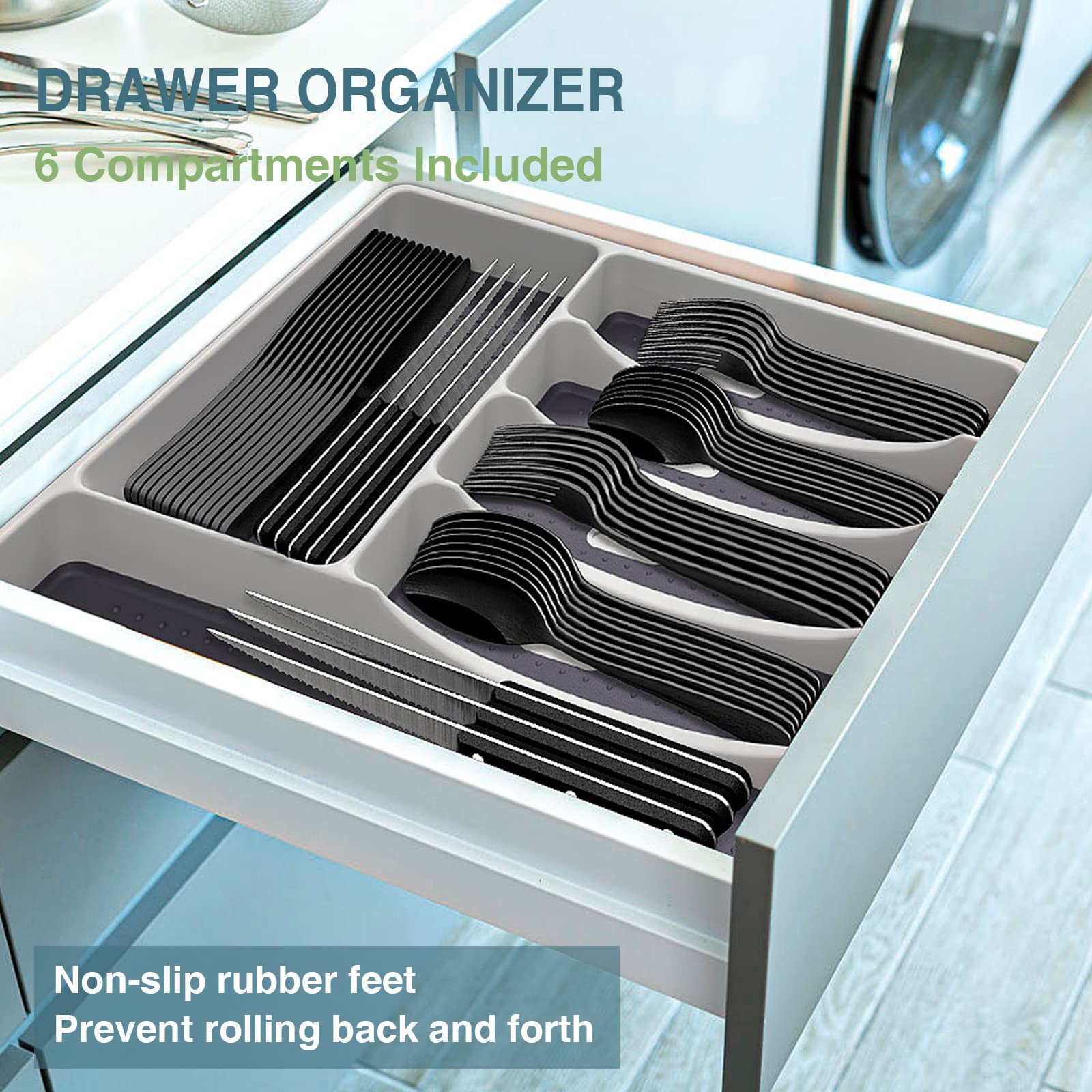 Black Silverware Set, Umite Chef 49-Piece Flatware Set with Drawer Organizer, Durable Stainless Steel Cutlery Set for 8, Tableware Eating Utensils with Steak Knives, Utensil Sets for Home Restaurant