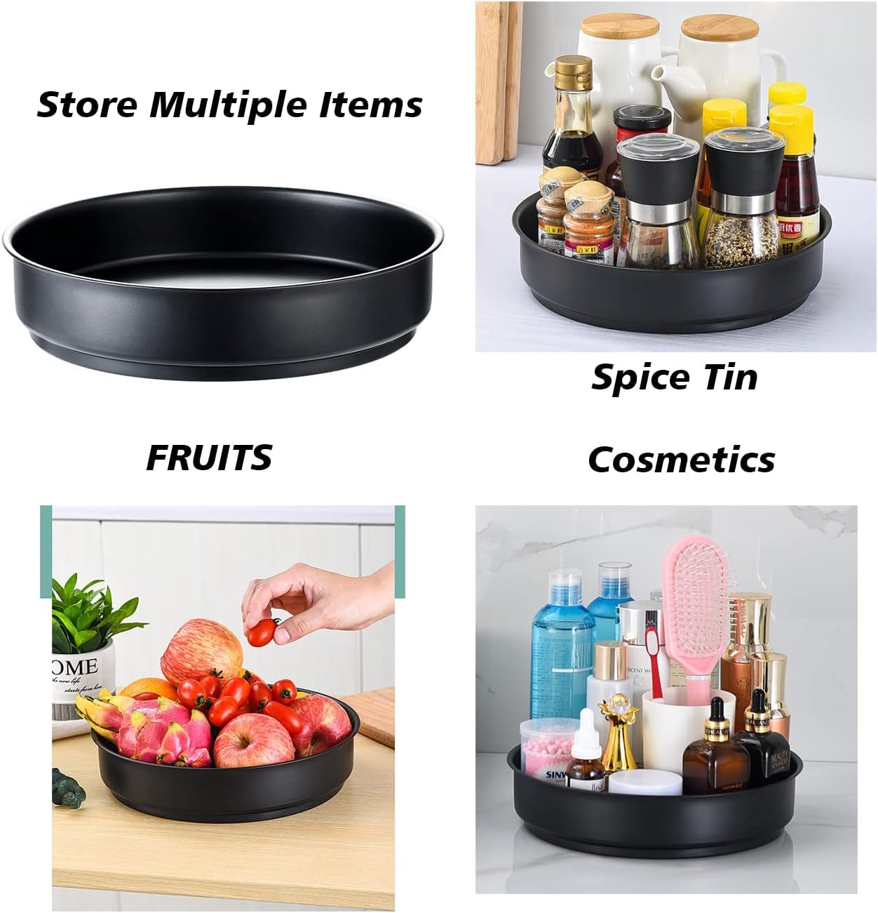 Bwren Lazy Susan Organizer Turntable 360 Degree Rotating Non-Skid Spice Rack Storage Container for Kitchen Cabinet Table Fridge Pantry Seasoning Jar Fruit Snack(Black,7.7 inch) 8 inches BLS002