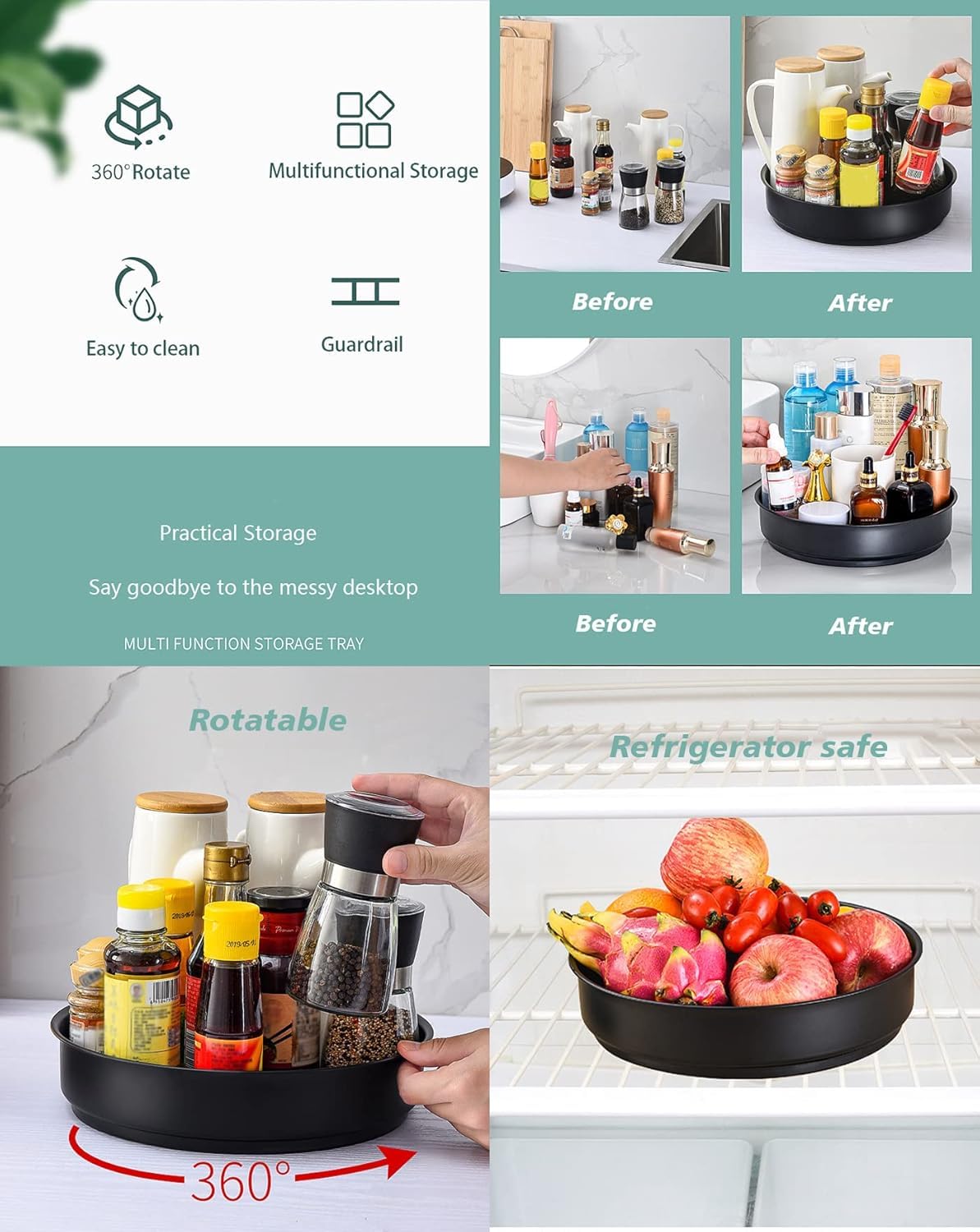 Bwren Lazy Susan Organizer Turntable 360 Degree Rotating Non-Skid Spice Rack Storage Container for Kitchen Cabinet Table Fridge Pantry Seasoning Jar Fruit Snack(Black,7.7 inch) 8 inches BLS002