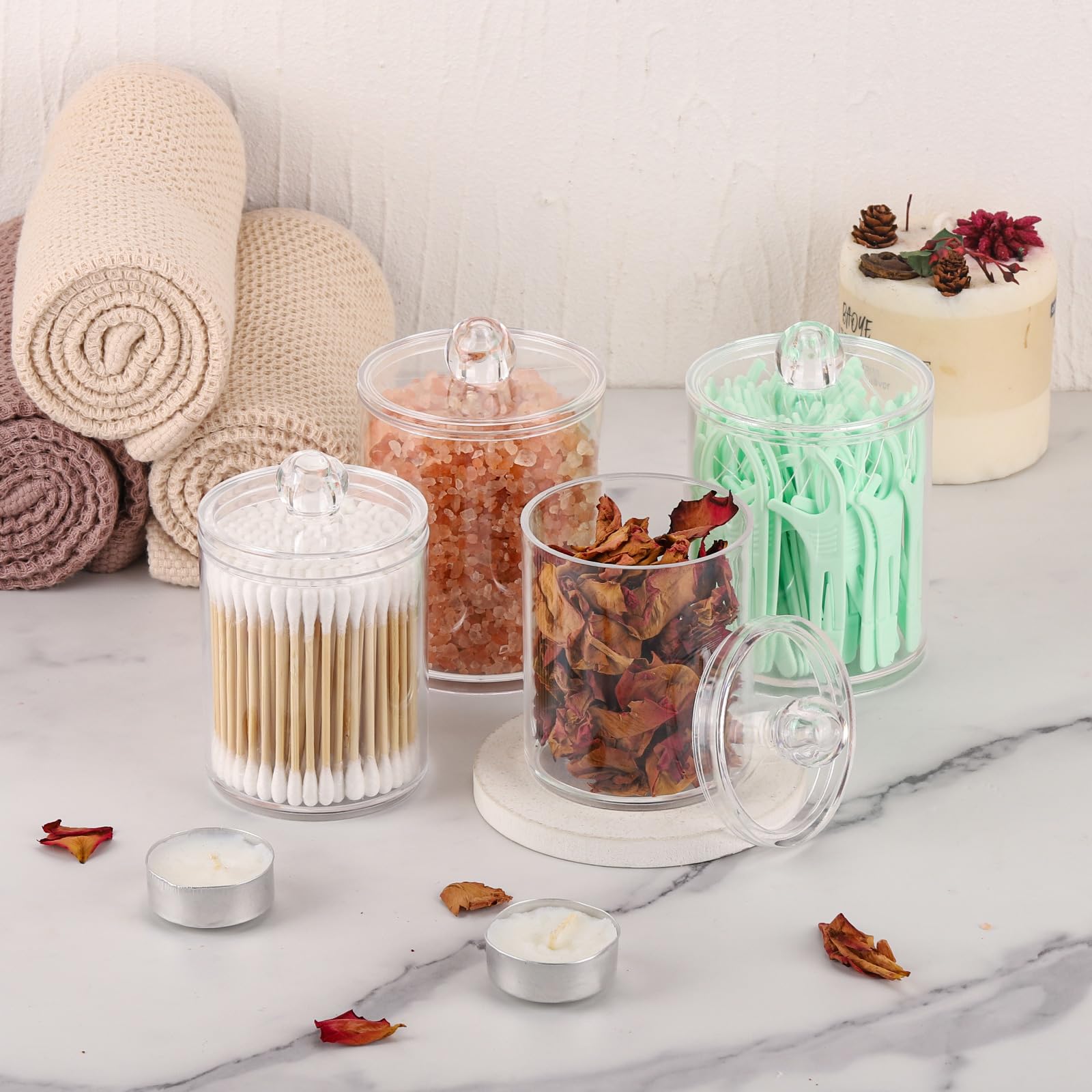 Tbestmax 4 Pack Qtip Holder - 10 oz, 12 oz Restroom Bathroom Organizers and Storage Containers, Clear Plastic Apothecary Jars with Lids for Cotton Ball, Cotton Swab, Cotton Round Pads, Floss