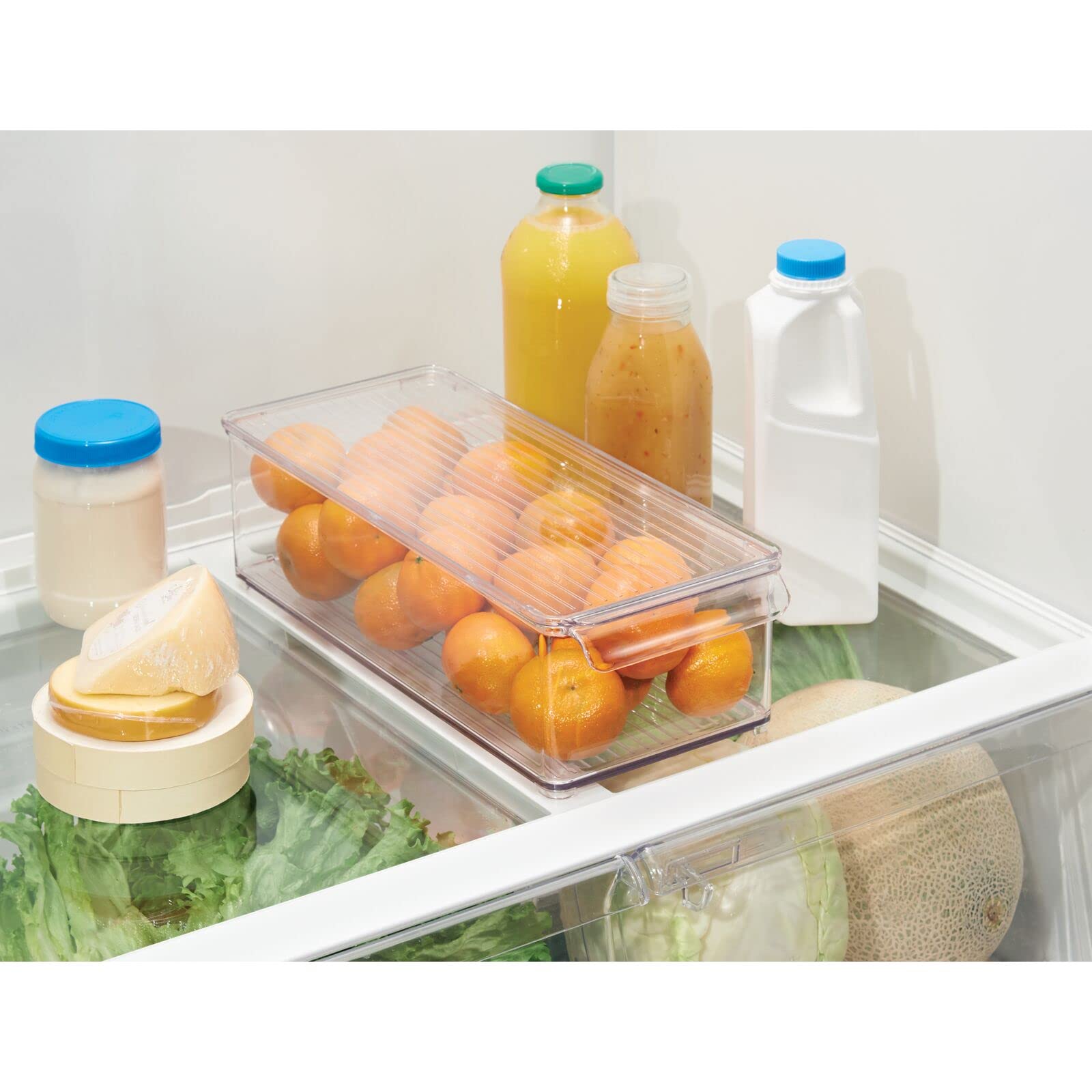 mDesign Slim Plastic Food Storage Container Bin with Lid and Front Handle for Kitchen, Pantry, Cabinet, Fridge and Freezer - Organizer for Snacks, Produce, Vegetables, Pasta, Drinks - 4 Pack, Clear