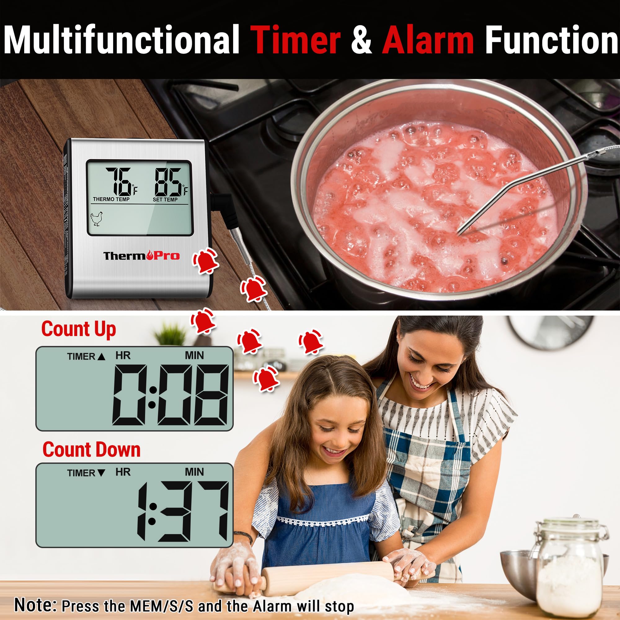 ThermoPro TP-16 Large LCD Digital Cooking Food Meat Smoker Oven Kitchen BBQ Grill Thermometer Clock Timer with Stainless Steel Probe