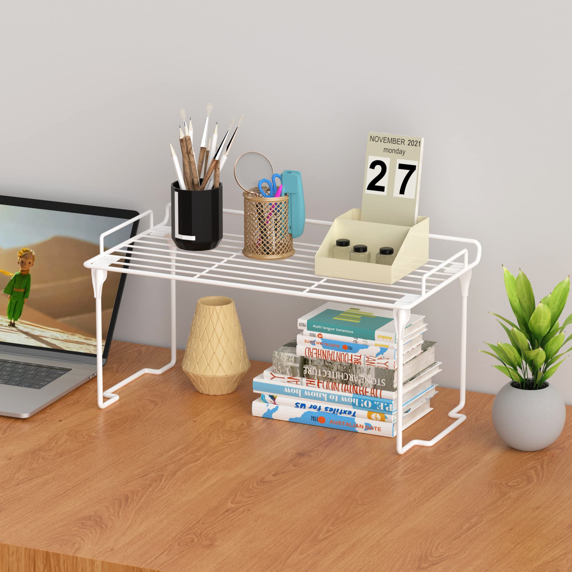 iPEGTOP Stackable Cabinet Shelf Organizers, Set of 2 Kitchen Countertop Cupboard Storage Rack, Pantry Stand Shelves Space Saving for Kitchen, Bedroom, Bathroom, White