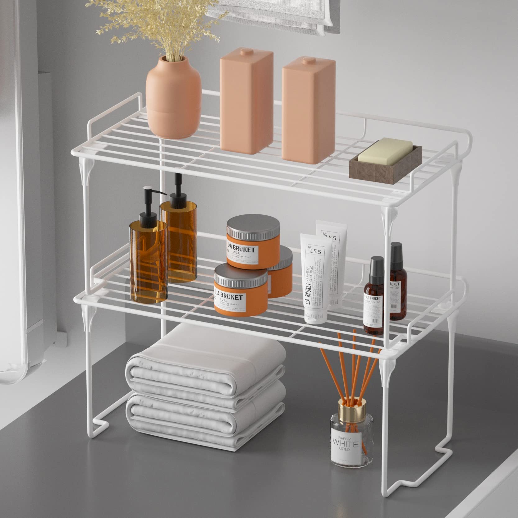 iPEGTOP Stackable Cabinet Shelf Organizers, Set of 2 Kitchen Countertop Cupboard Storage Rack, Pantry Stand Shelves Space Saving for Kitchen, Bedroom, Bathroom, White