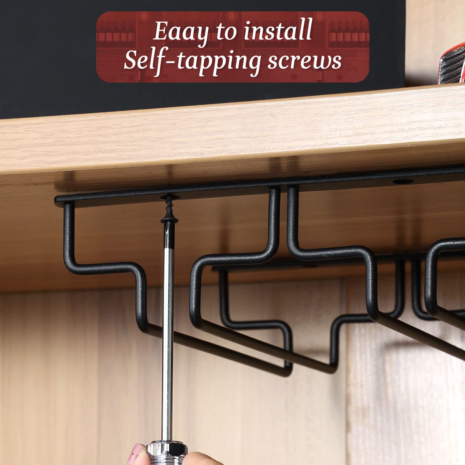 Uten Wine Glass Rack Under Cabinet Wine Glass Holder Iron Stemware Rack Glass Goblet Hanging Storage Organizer for Bar Kitchen Black