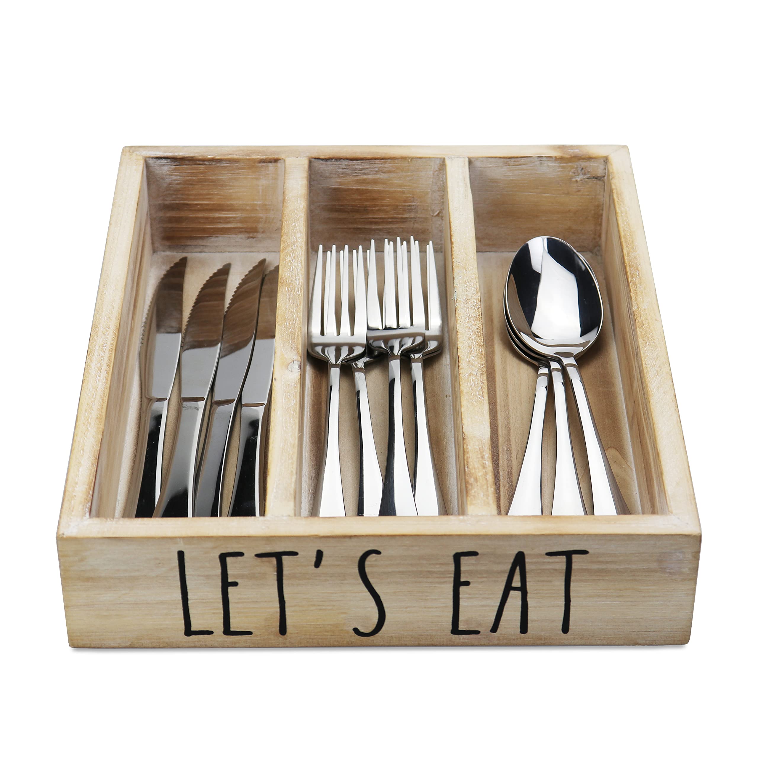 Karisky Kitchen Drawer Organizer Fir Wood Cutlery Silverware Tray Organizer with 3 Compartments, Decorative Utensil Holder for Flatware, Knives, Forks, Spoons