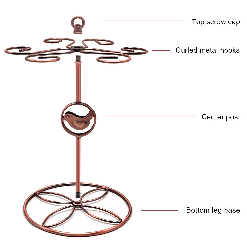 Sunnyac Scrollwork Bronze Wine Glass Rack, Elegant Freestanding Stemware Holder Stand with 6 Hooks, for Home and Bar Storage and Artistic Tabletop Display, Bird-style (Bronze 2)