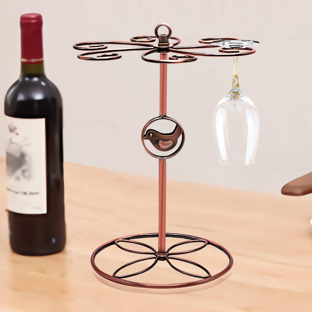 Sunnyac Scrollwork Bronze Wine Glass Rack, Elegant Freestanding Stemware Holder Stand with 6 Hooks, for Home and Bar Storage and Artistic Tabletop Display, Bird-style (Bronze 2)