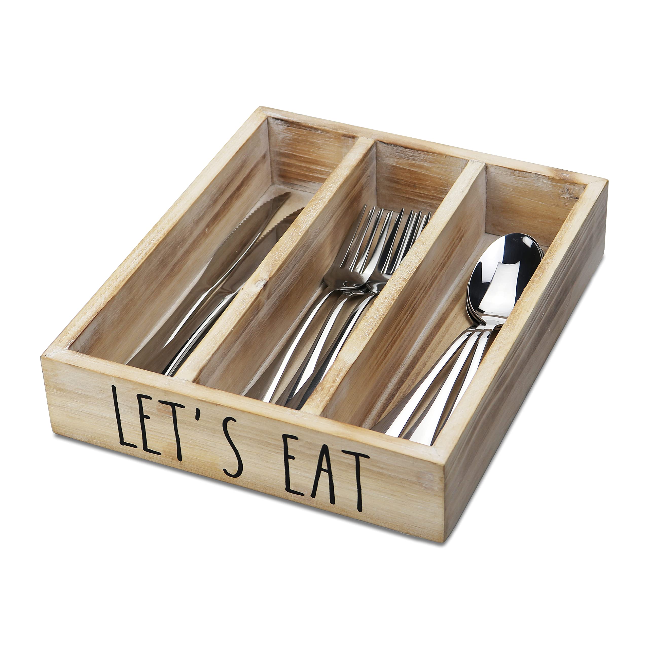 Karisky Kitchen Drawer Organizer Fir Wood Cutlery Silverware Tray Organizer with 3 Compartments, Decorative Utensil Holder for Flatware, Knives, Forks, Spoons