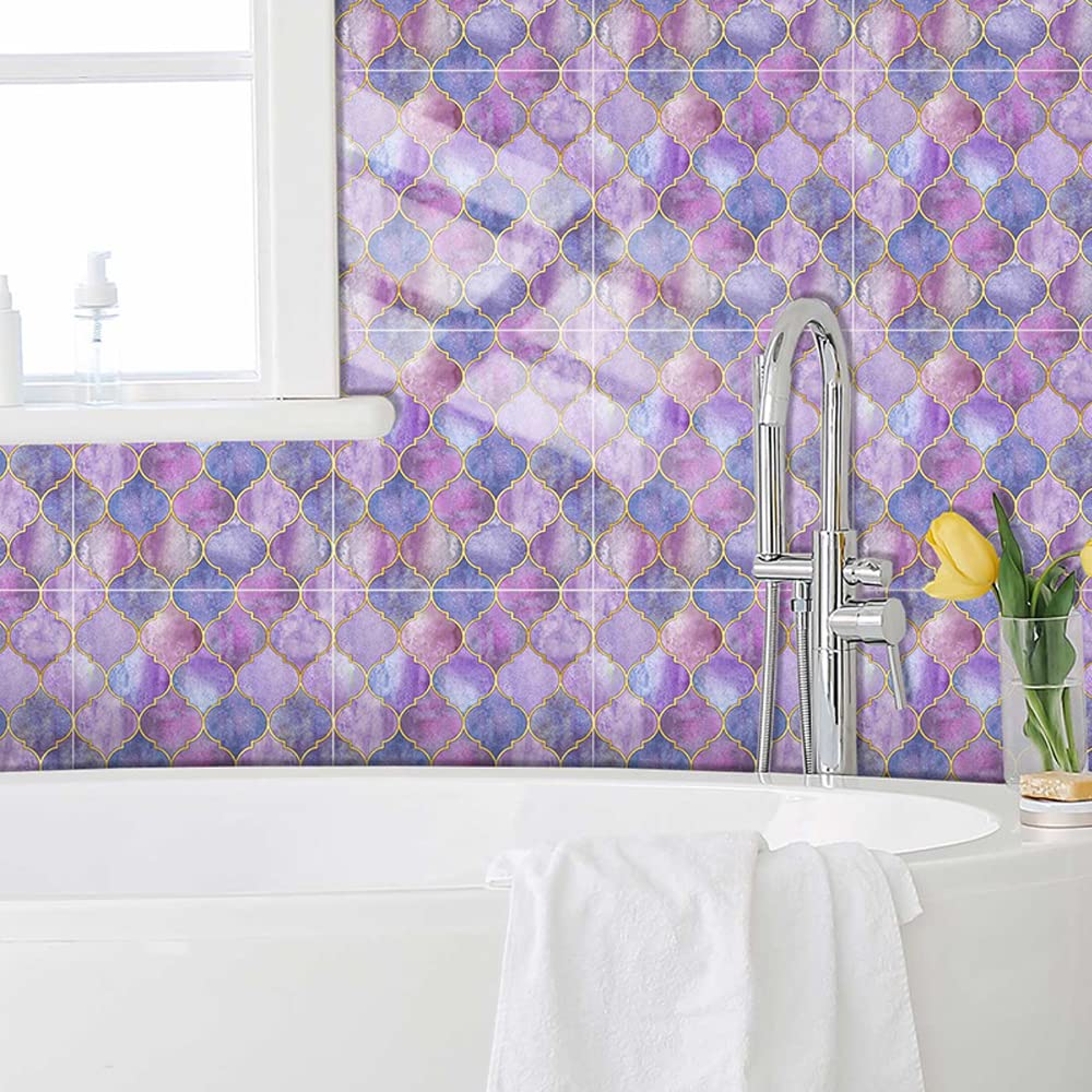 Yifasy 6pcs Dazzle Purple Shelf Liners Fish Scale Furniture Decor Sticker Peel-Stick PVC Tiles Covering 15x15cm