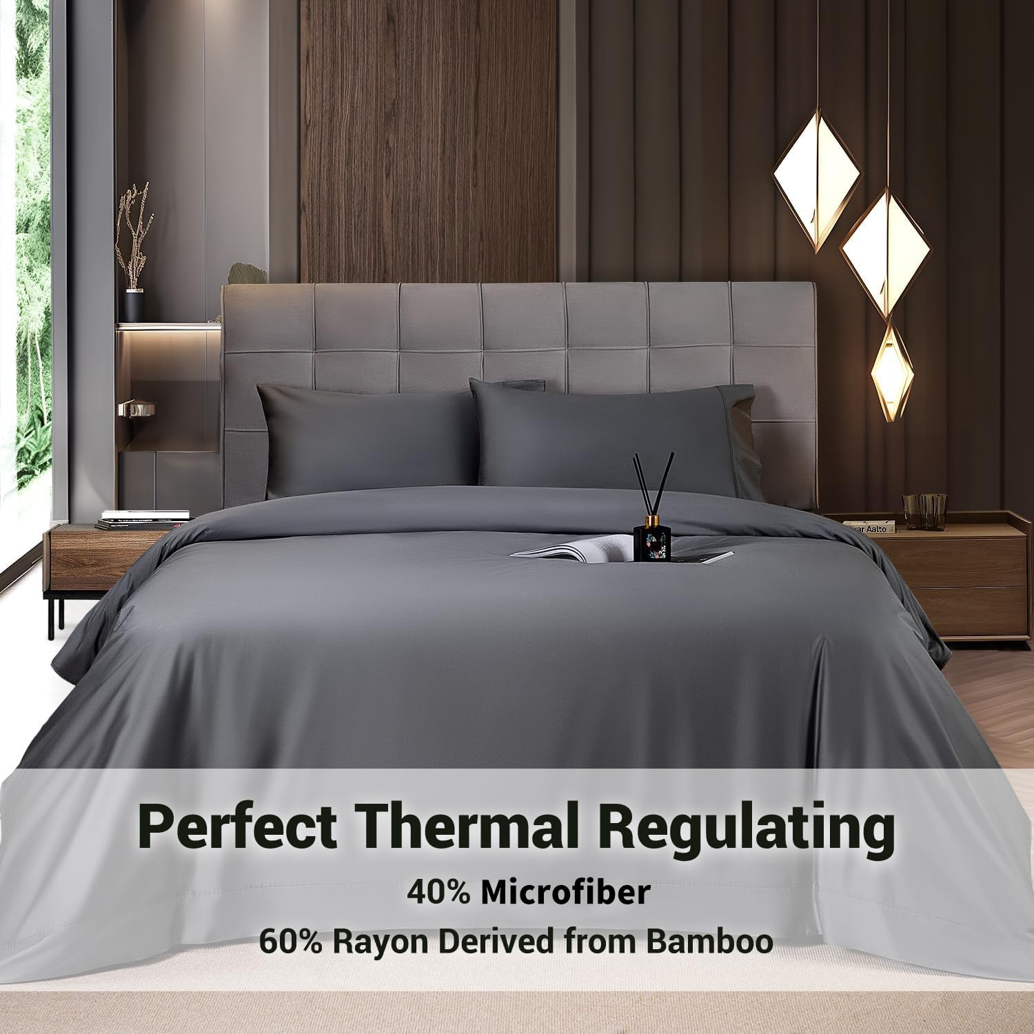 Shilucheng Cooling Breathable Bamboo Bed Sheets Set - King Size,1800 Thread Count Super Silky Soft with 16 Inch Deep Pocket, Machine Washable, 4 Piece (King,Dark Grey)