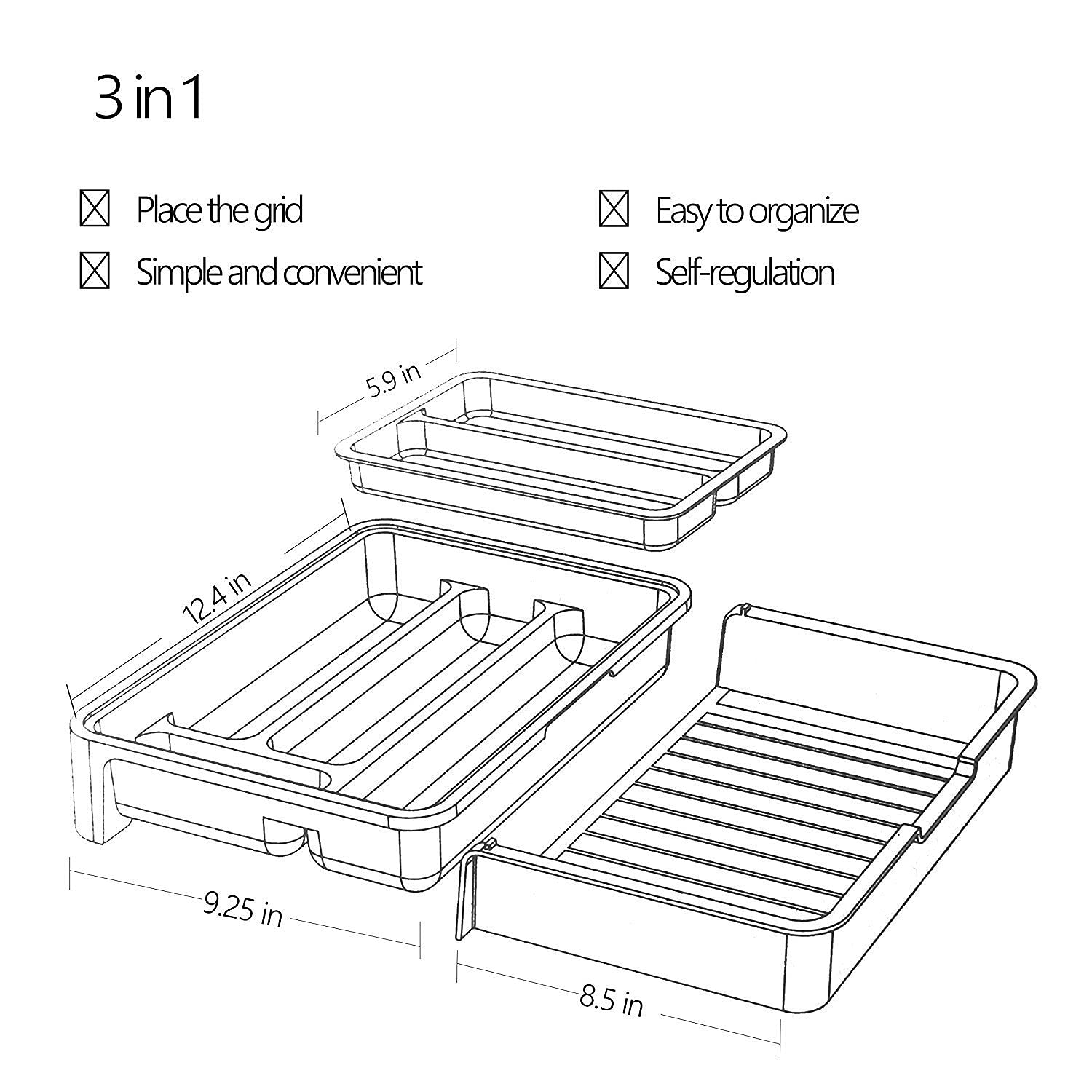HornTide 3-in-1 Cutlery Tray Expandable Utensils Holder Plastic Kitchen Drawer Organizer for Silverware Storage and More - Gray