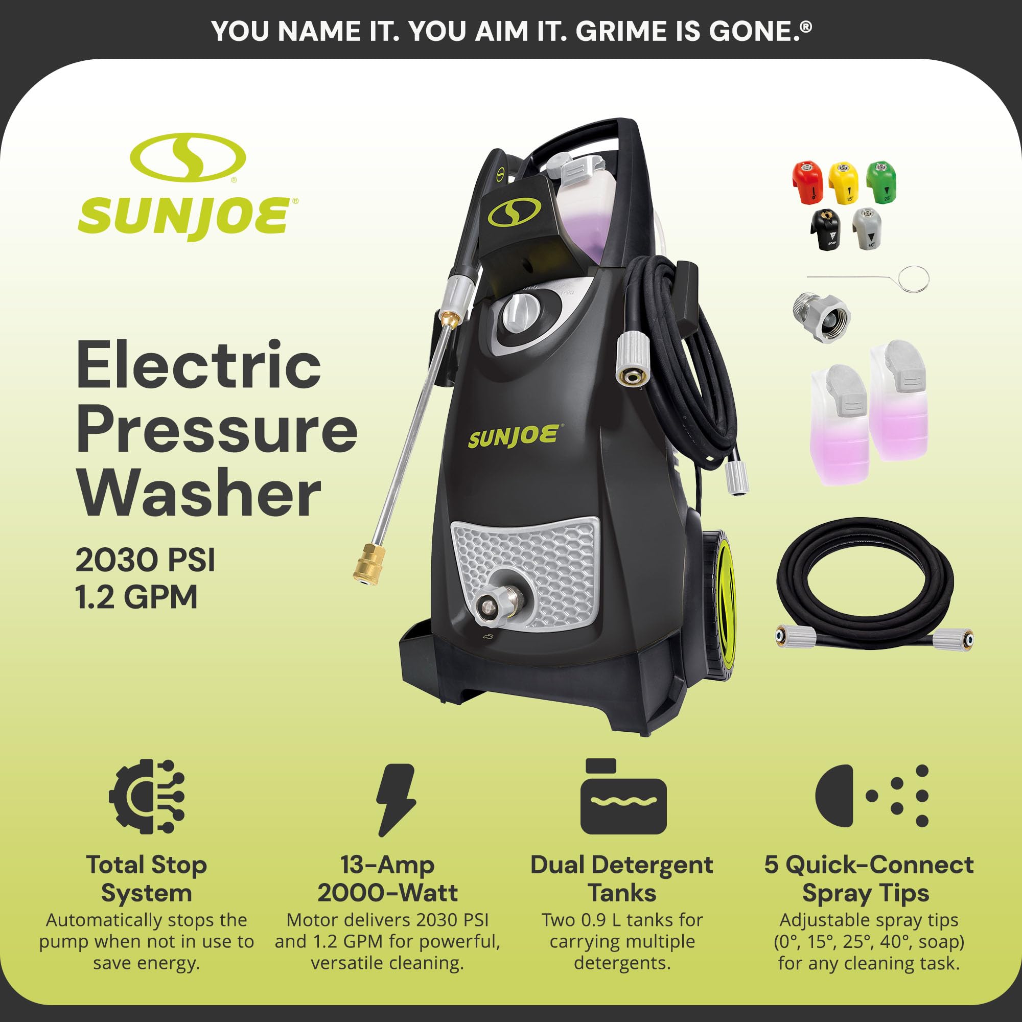 Sun Joe SPX3000 2030 Max PSI 1.76 GPM 14.5-Amp Electric High Pressure Washer, Cleans Cars/Fences/Patios