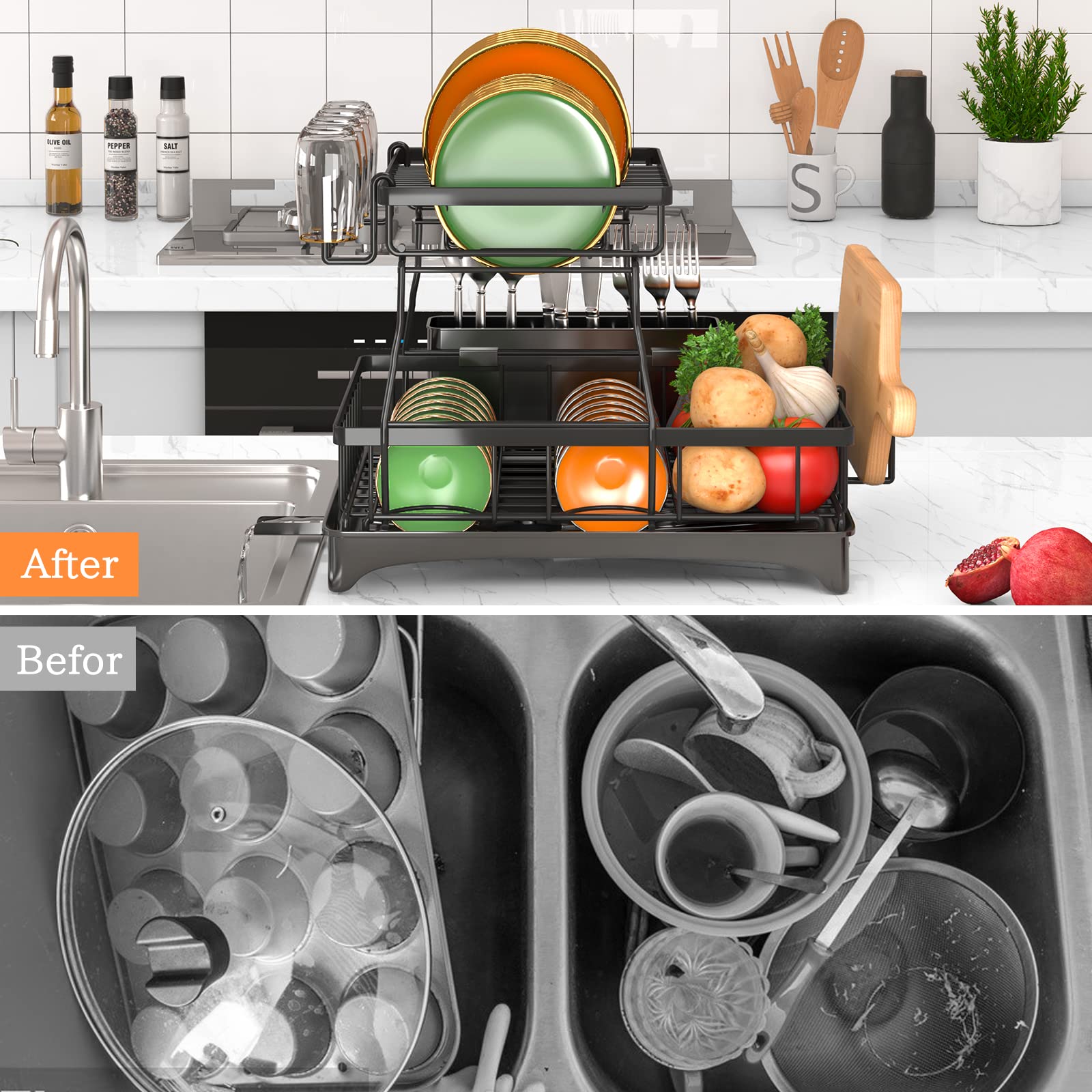 Godboat Dish Drying Rack, Dish Rack with Extra Drying Mat, 2-Tier Dish Racks for Kitchen Counter, Kitchen Gadgets with Drainboard & Utensil Hooks, Kitchen Organization & Decor, Gifts for Women & Men