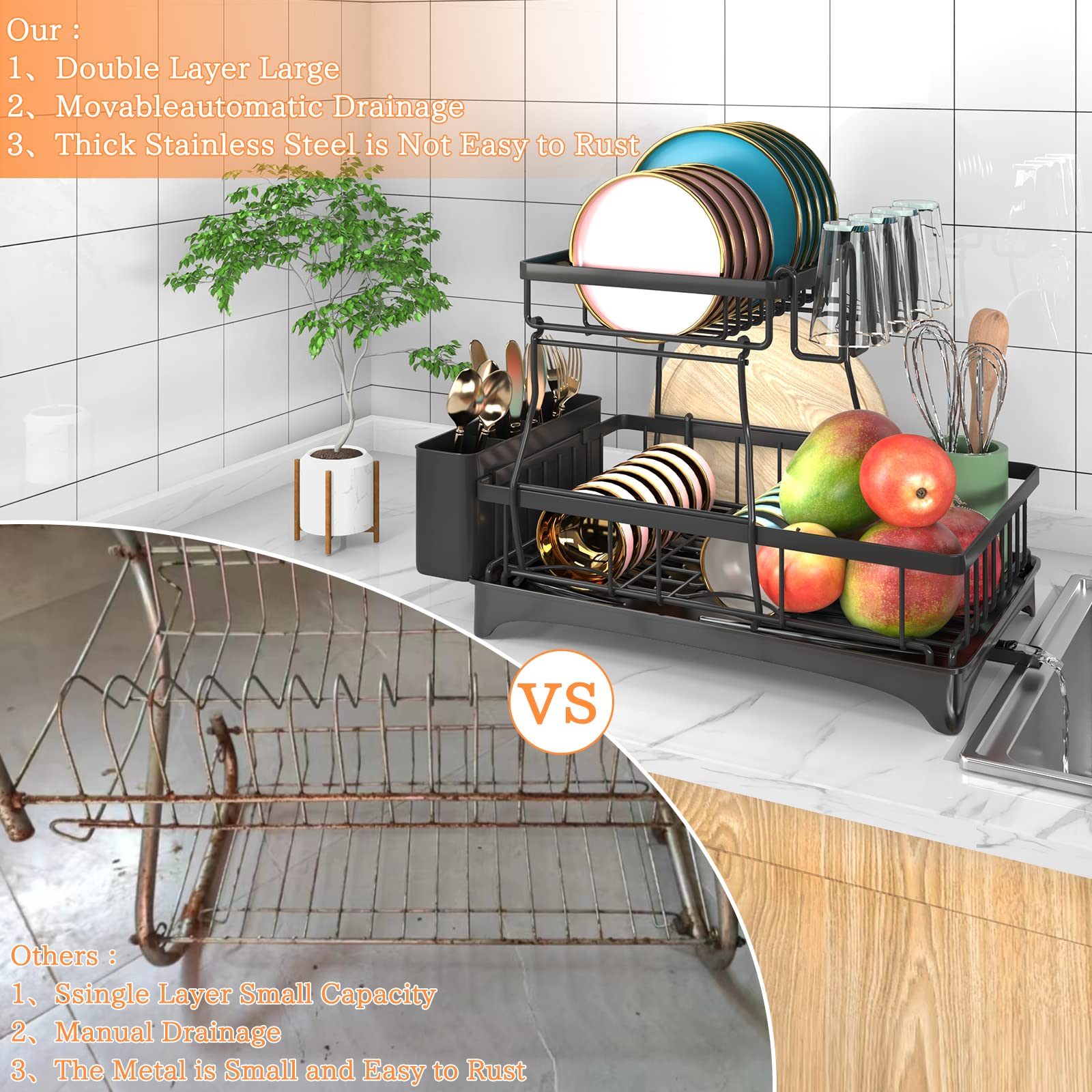 Godboat Dish Drying Rack, Dish Rack with Extra Drying Mat, 2-Tier Dish Racks for Kitchen Counter, Kitchen Gadgets with Drainboard & Utensil Hooks, Kitchen Organization & Decor, Gifts for Women & Men