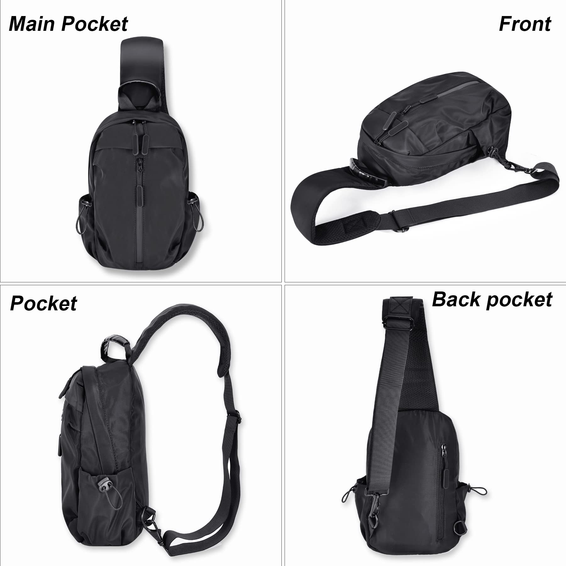 Qtittu Small Sling Bag Crossbody Backpack for Men Women Adjustable Strap Black Waterproof Shoulder Chest Daypack for Hiking Travel Commuting