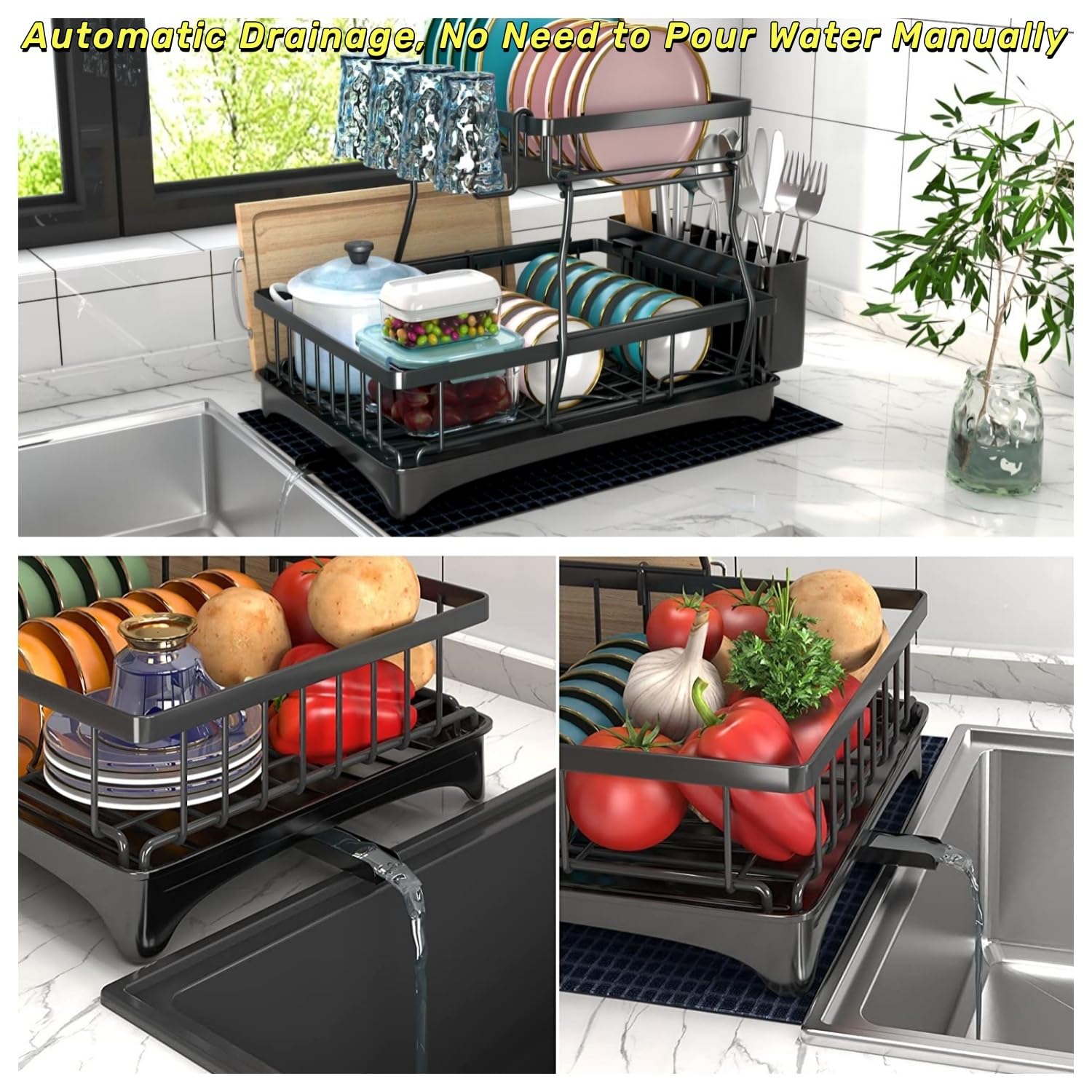 Godboat Dish Drying Rack, Dish Rack with Extra Drying Mat, 2-Tier Dish Racks for Kitchen Counter, Kitchen Gadgets with Drainboard & Utensil Hooks, Kitchen Organization & Decor, Gifts for Women & Men