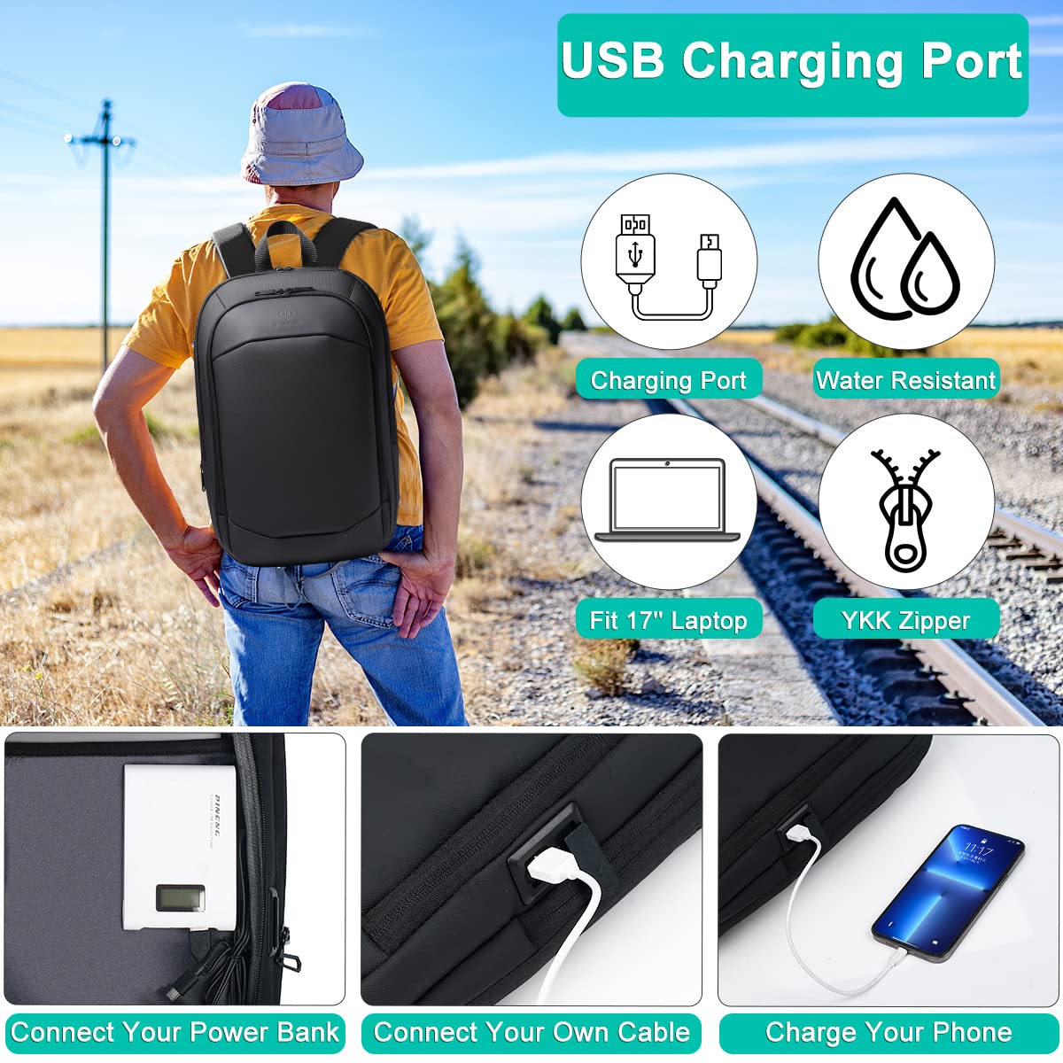Laptop Backpack Work Business Slim Backpack 17'' Computer Men Women Expandable Lightweight Water-Resistant Durable Casual Daypack Anti-Theft USB Charging Port Bookbag for Travel College School-Black