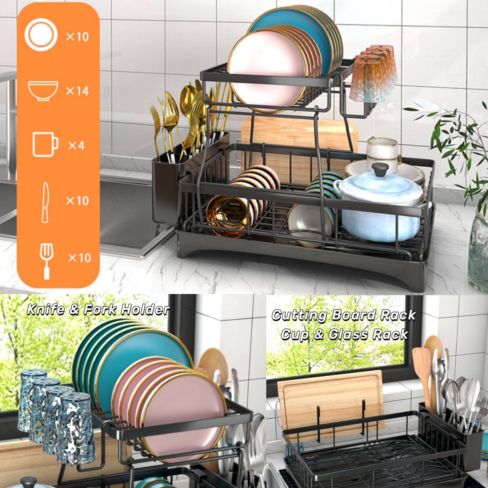 Godboat Dish Drying Rack, Dish Rack with Extra Drying Mat, 2-Tier Dish Racks for Kitchen Counter, Kitchen Gadgets with Drainboard & Utensil Hooks, Kitchen Organization & Decor, Gifts for Women & Men
