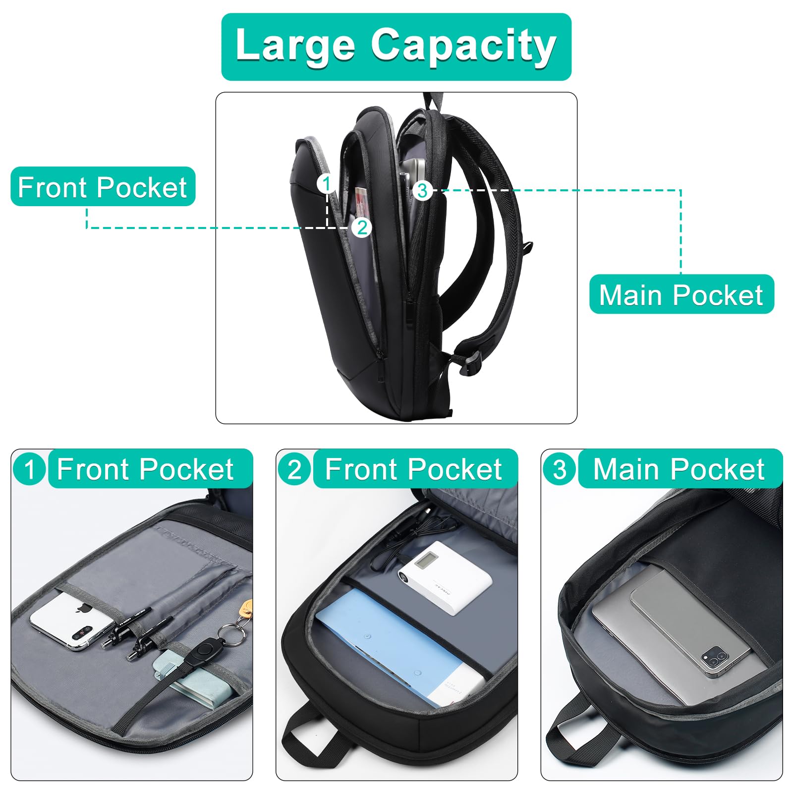 Laptop Backpack Work Business Slim Backpack 17'' Computer Men Women Expandable Lightweight Water-Resistant Durable Casual Daypack Anti-Theft USB Charging Port Bookbag for Travel College School-Black