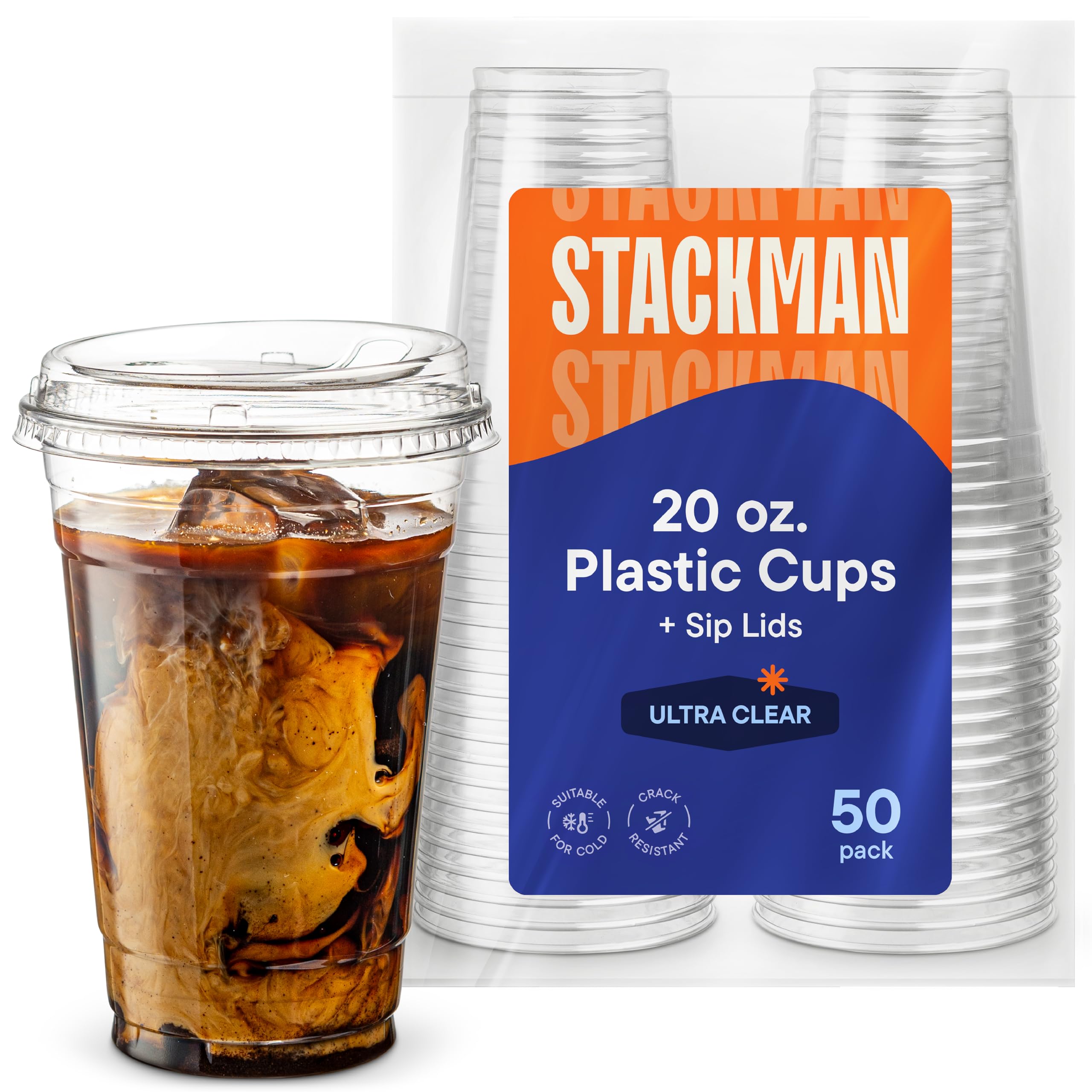 20 oz. Clear Cups with Strawless Sip-Lids, [50 Sets] PET Crystal Clear Disposable 20oz Plastic Cups with Lids