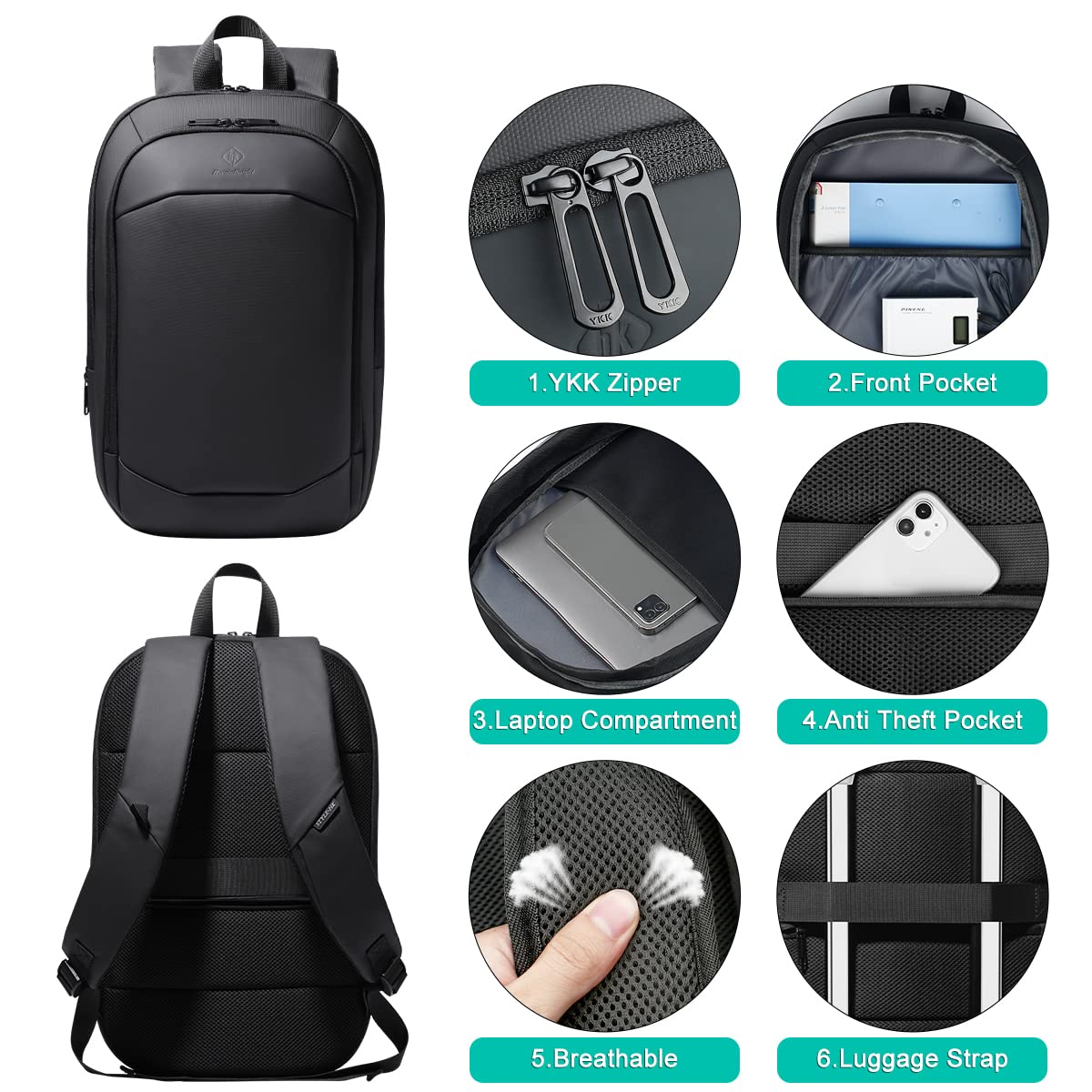 Laptop Backpack Work Business Slim Backpack 17'' Computer Men Women Expandable Lightweight Water-Resistant Durable Casual Daypack Anti-Theft USB Charging Port Bookbag for Travel College School-Black