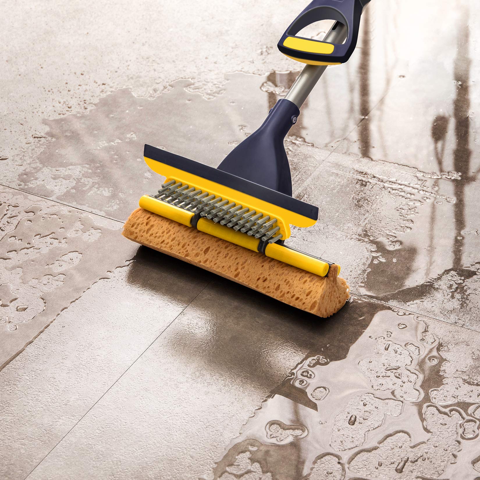 Yocada Sponge Mop Home Commercial Use Tile Floor Bathroom Garage Cleaning with Total 2 Sponge Heads Squeegee and Extendable Telescopic Long Handle 42.5-52 Inches Easily Dry Wringing