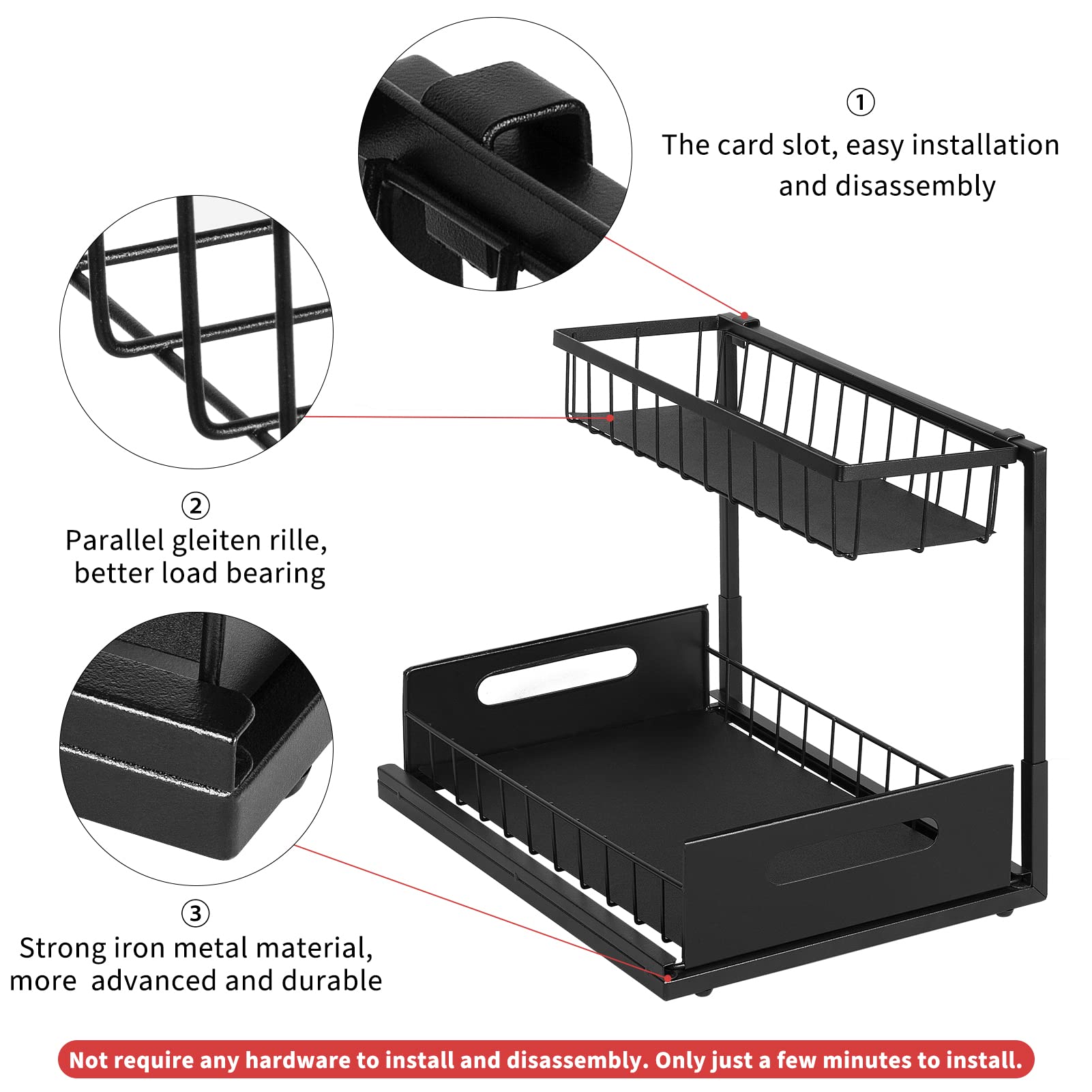 EONGOA Pull Out Cabinet Organizer, Under Sink Organizers and Storage, 2-Tier Slide Out Sliding Shelf with Shelf Liners for Kitchen Bathroom Cabinet, 10.6Wx14.1Dx11H-Inch - Black