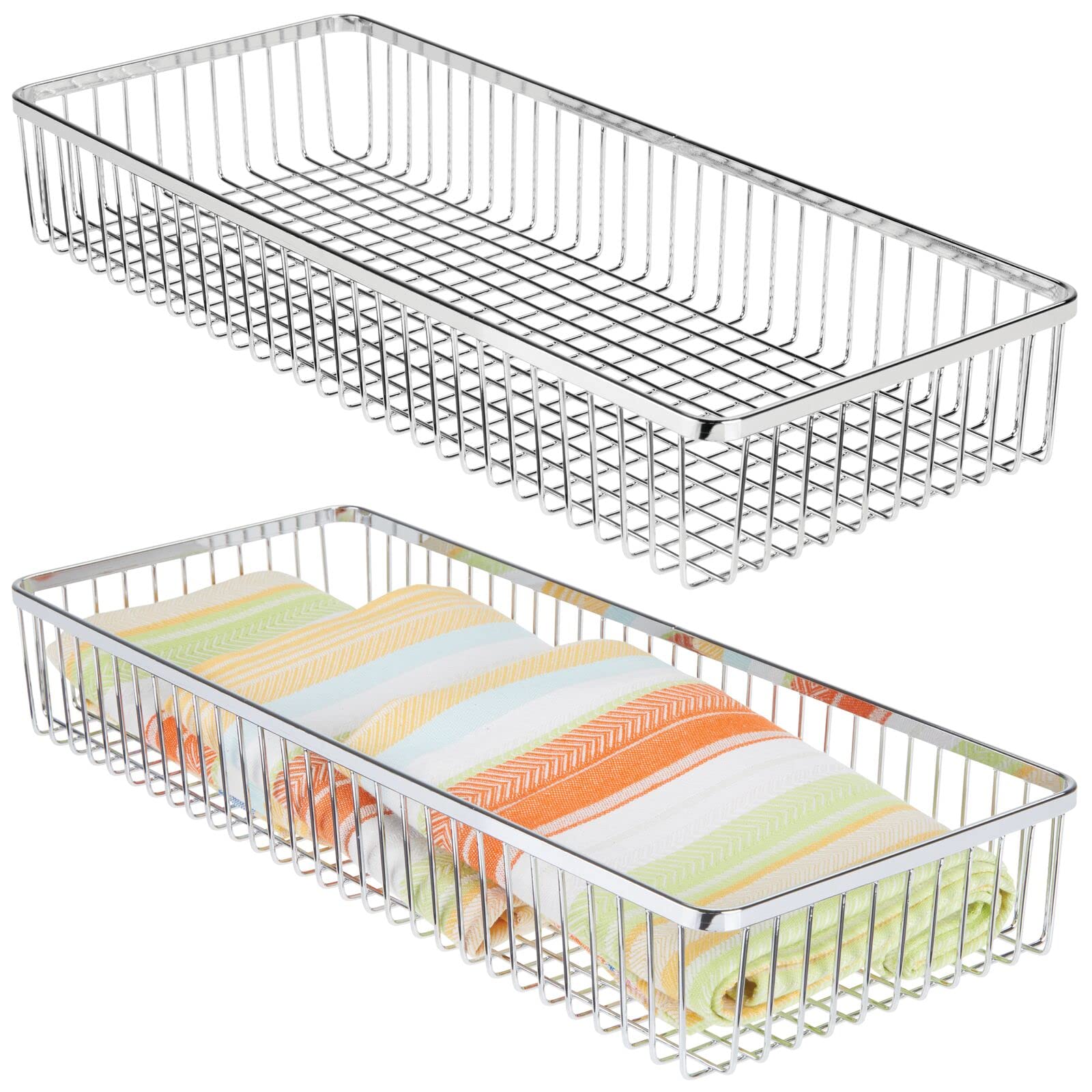 mDesign Metal Farmhouse Kitchen Cabinet Drawer Organizer Basket Tray, Shallow Storage Bin for Cutlery, Serving Spoons, Cooking Utensils, Appliances, Gadgets, Unity Collection, 15" Long, 2 Pack, Chrome