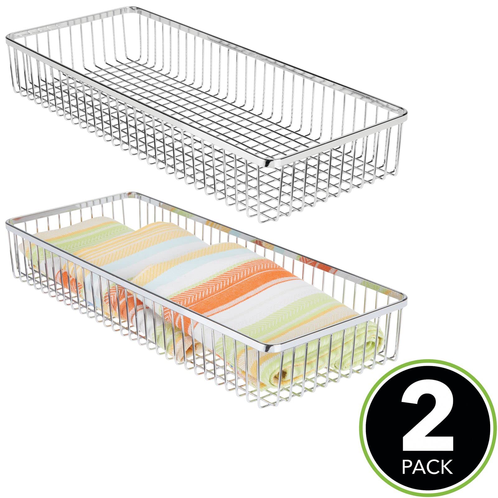 mDesign Metal Farmhouse Kitchen Cabinet Drawer Organizer Basket Tray, Shallow Storage Bin for Cutlery, Serving Spoons, Cooking Utensils, Appliances, Gadgets, Unity Collection, 15" Long, 2 Pack, Chrome