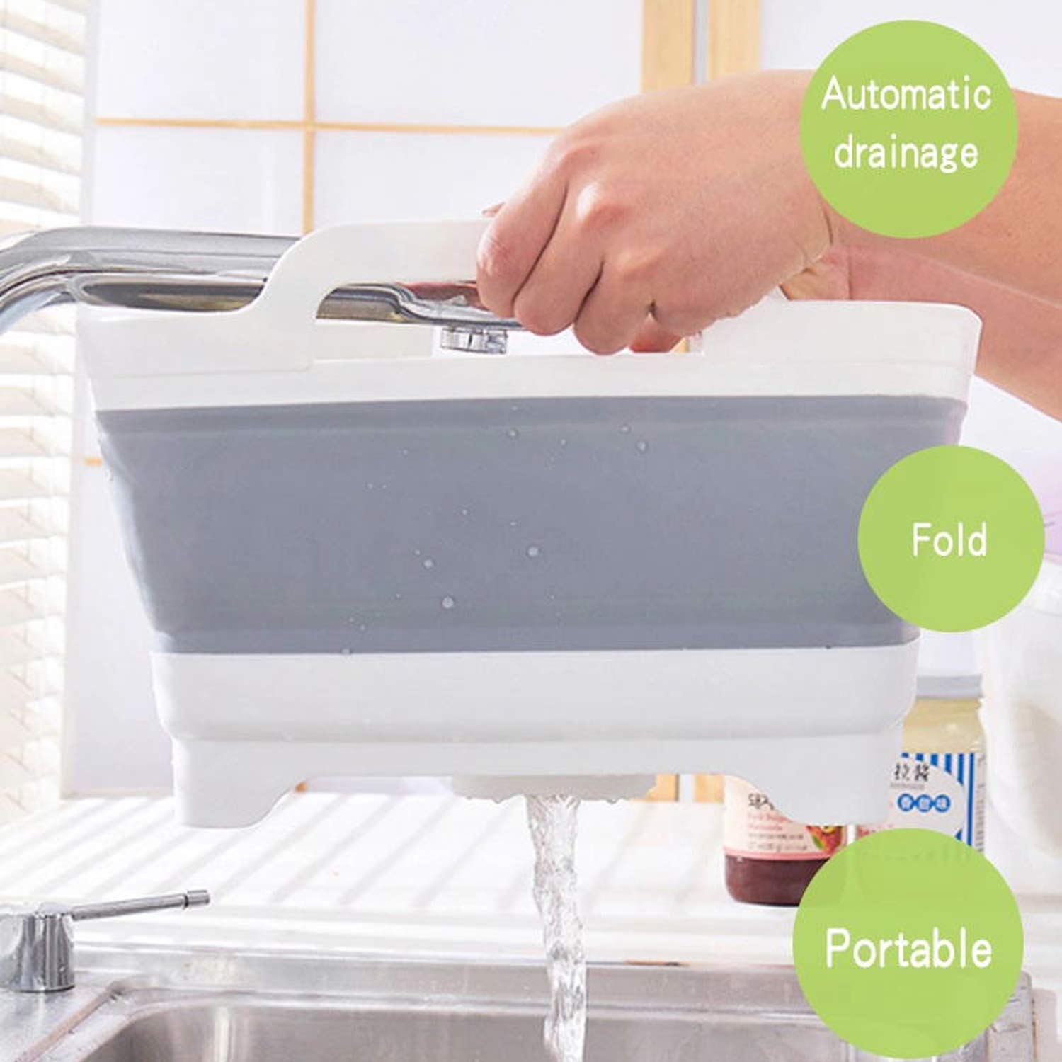 Leemeimei 9L (2.4Gallon) Dish Basin Collapsible with Drain Plug Carry Handles ,Kitchen Storage Tray Dish Wash Basin, Portable Dish Tub, Foldable Dishpan for Camping Portable Dish Washing(Gray)