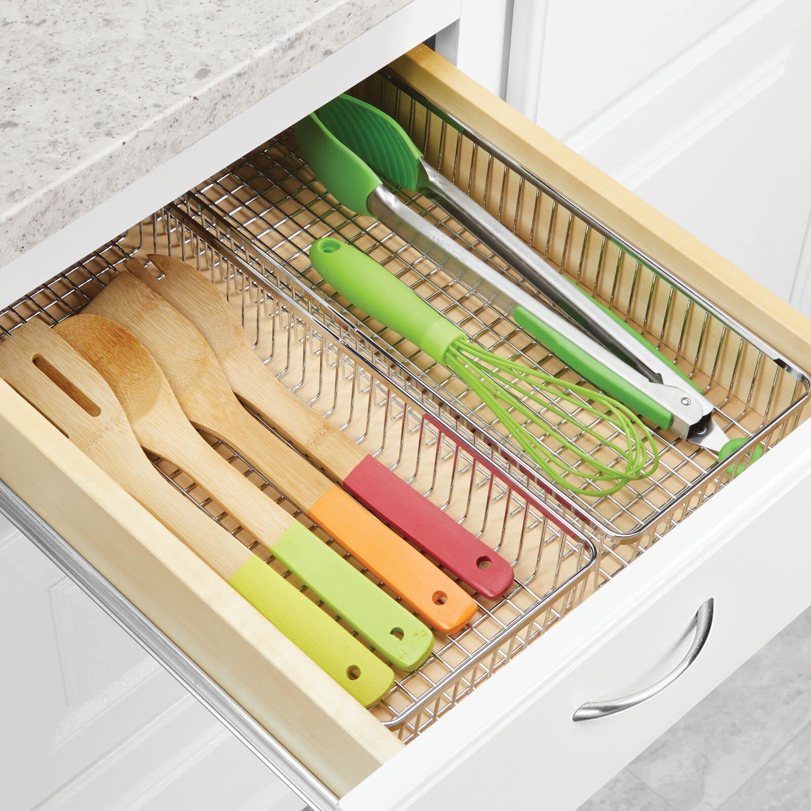 mDesign Metal Farmhouse Kitchen Cabinet Drawer Organizer Basket Tray, Shallow Storage Bin for Cutlery, Serving Spoons, Cooking Utensils, Appliances, Gadgets, Unity Collection, 15" Long, 2 Pack, Chrome