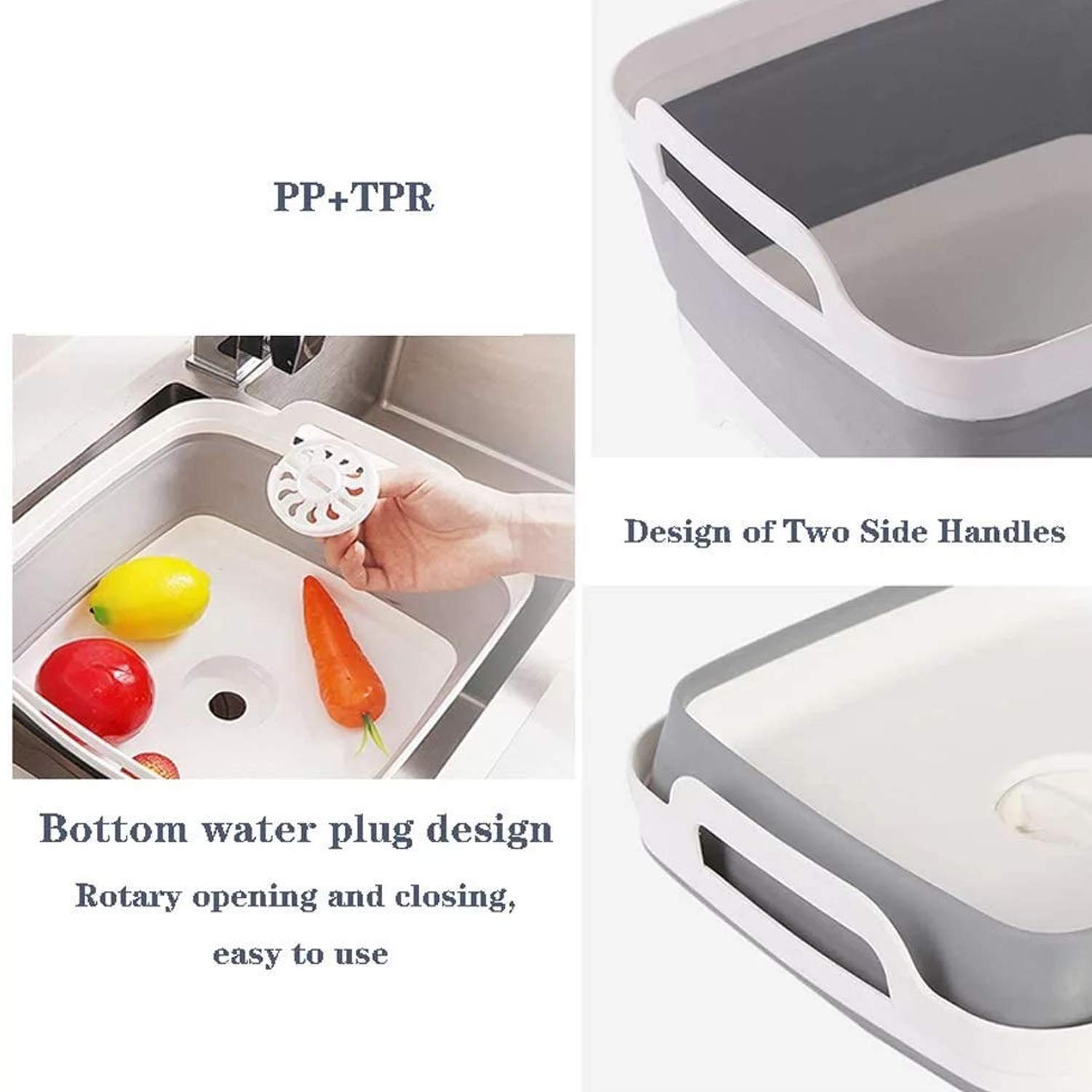 Leemeimei 9L (2.4Gallon) Dish Basin Collapsible with Drain Plug Carry Handles ,Kitchen Storage Tray Dish Wash Basin, Portable Dish Tub, Foldable Dishpan for Camping Portable Dish Washing(Gray)