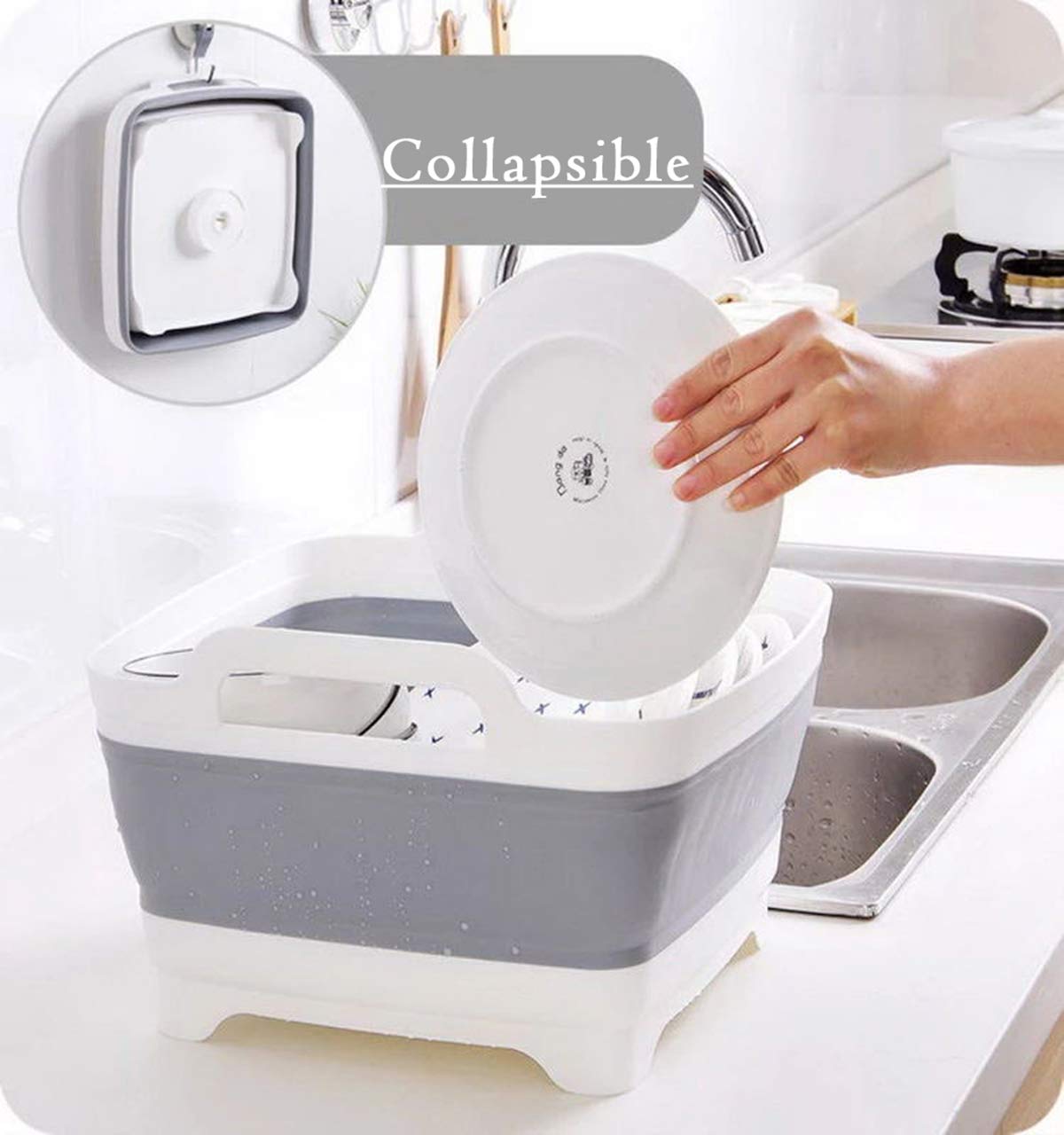 Leemeimei 9L (2.4Gallon) Dish Basin Collapsible with Drain Plug Carry Handles ,Kitchen Storage Tray Dish Wash Basin, Portable Dish Tub, Foldable Dishpan for Camping Portable Dish Washing(Gray)