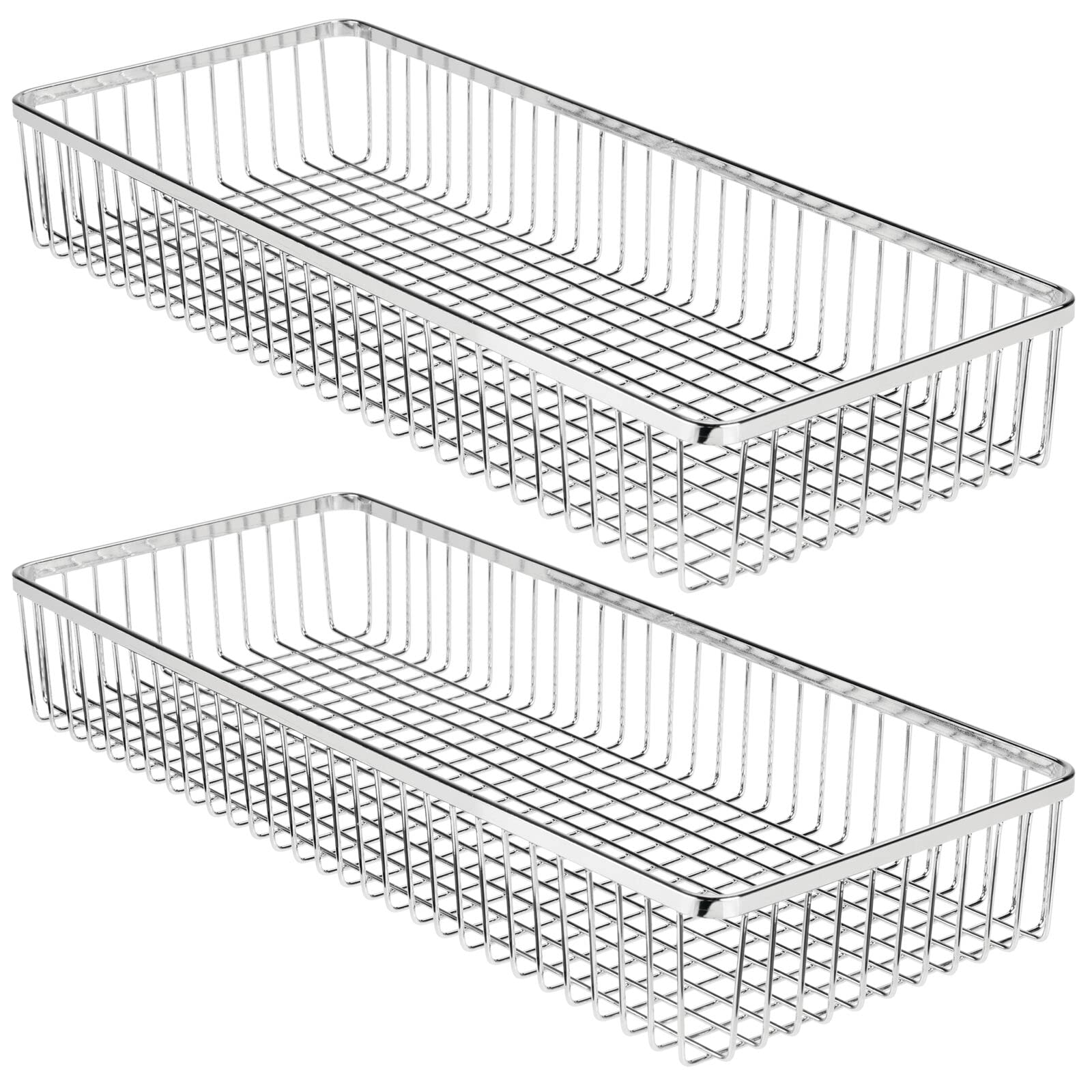 mDesign Metal Farmhouse Kitchen Cabinet Drawer Organizer Basket Tray, Shallow Storage Bin for Cutlery, Serving Spoons, Cooking Utensils, Appliances, Gadgets, Unity Collection, 15" Long, 2 Pack, Chrome