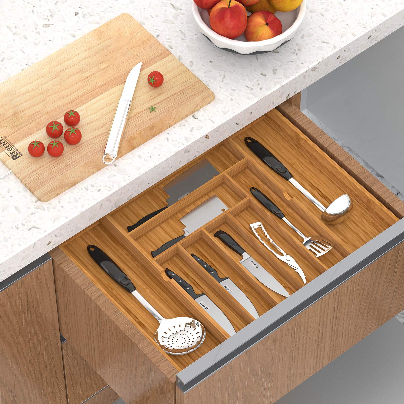 Danfoxer Silverware Drawer Organizer, Bamboo Kitchen Drawer Organizer, Expandable Cutlery Tray Desk Drawer Organizer (Natural, 21.2 inches)