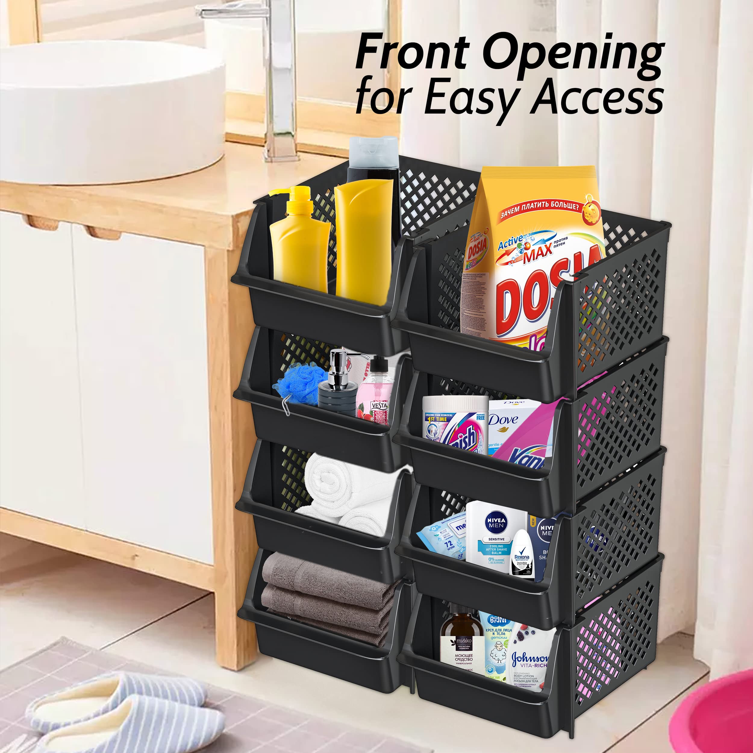 Skywin Plastic Stackable Storage Bins for Pantry - 4-Pack Black Stackable Bins For Organizing Food, Kitchen, and Bathroom Essentials