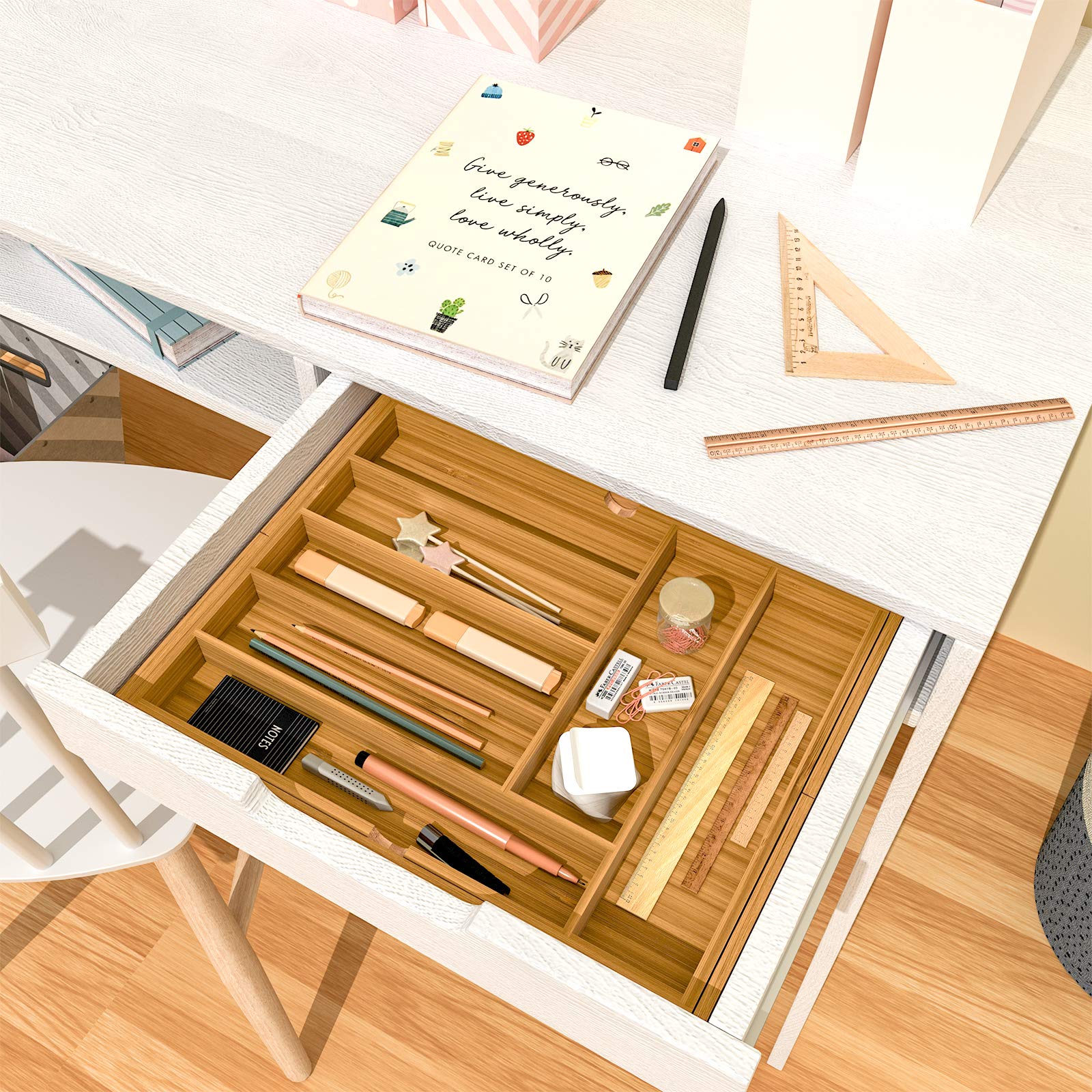 Danfoxer Silverware Drawer Organizer, Bamboo Kitchen Drawer Organizer, Expandable Cutlery Tray Desk Drawer Organizer (Natural, 21.2 inches)