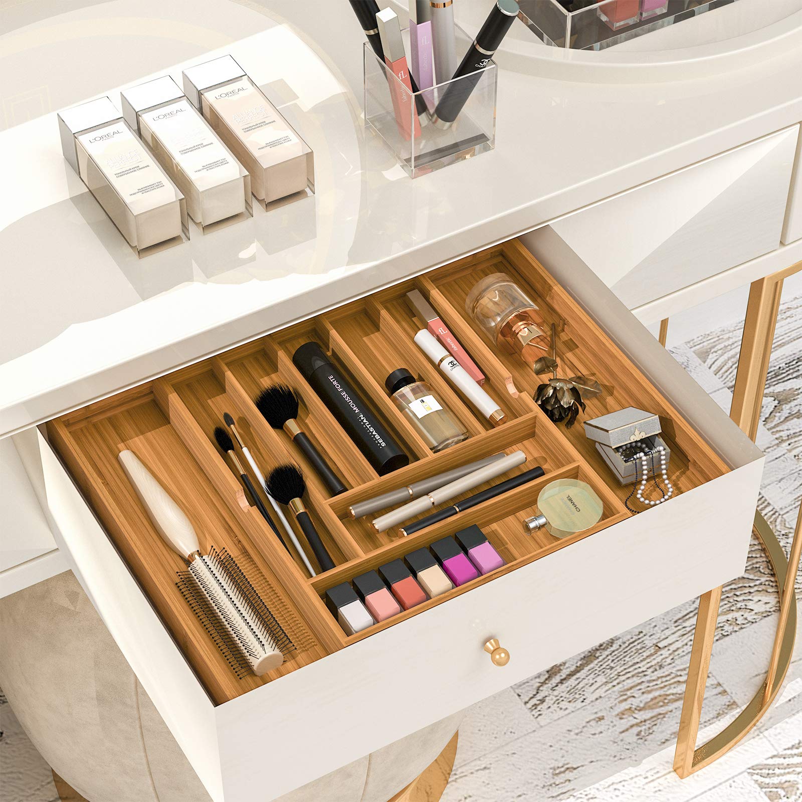 Danfoxer Silverware Drawer Organizer, Bamboo Kitchen Drawer Organizer, Expandable Cutlery Tray Desk Drawer Organizer (Natural, 21.2 inches)