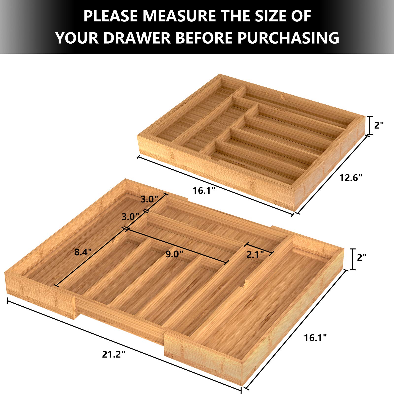 Danfoxer Silverware Drawer Organizer, Bamboo Kitchen Drawer Organizer, Expandable Cutlery Tray Desk Drawer Organizer (Natural, 21.2 inches)