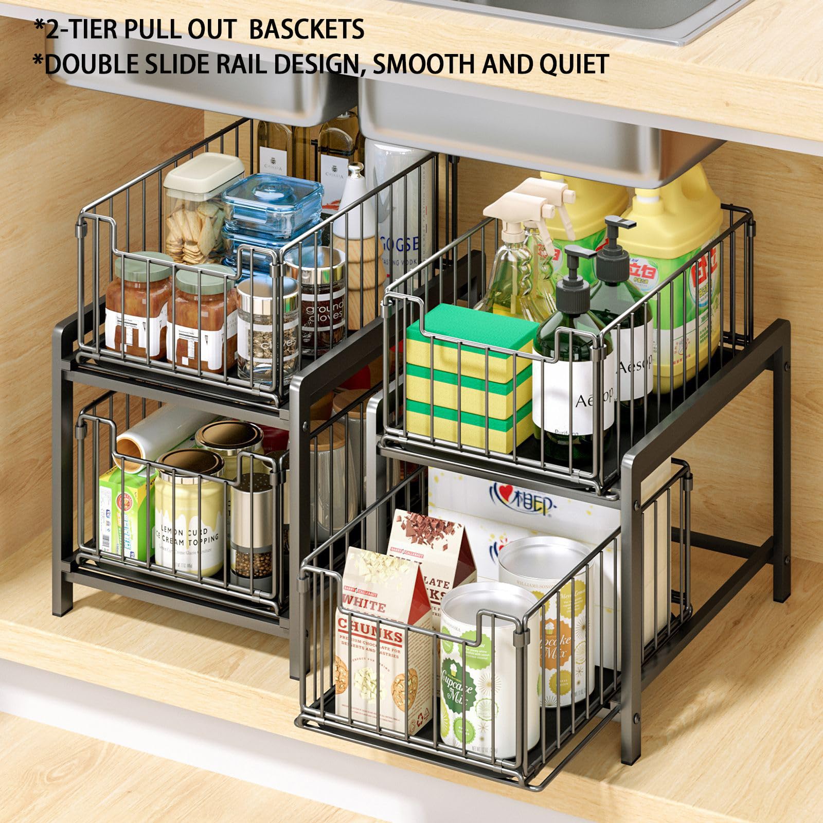 2-Tie Under Sink Cabinets Organizer with Sliding Storage Drawer, Pull Out Cabinets Organizer Shelf, Sliding Kitchen Countertop Storage Basket (black)